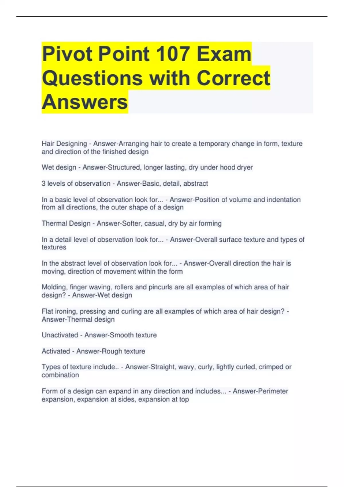 Pivot Point 107 Exam Questions with Correct Answers - Pivot Point 107 - Stuvia US