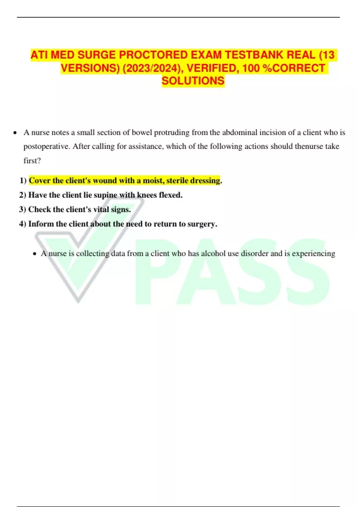 ATI MED SURGE PROCTORED EXAM TESTBANK REAL (13 VERSIONS) (2023/2024 ...