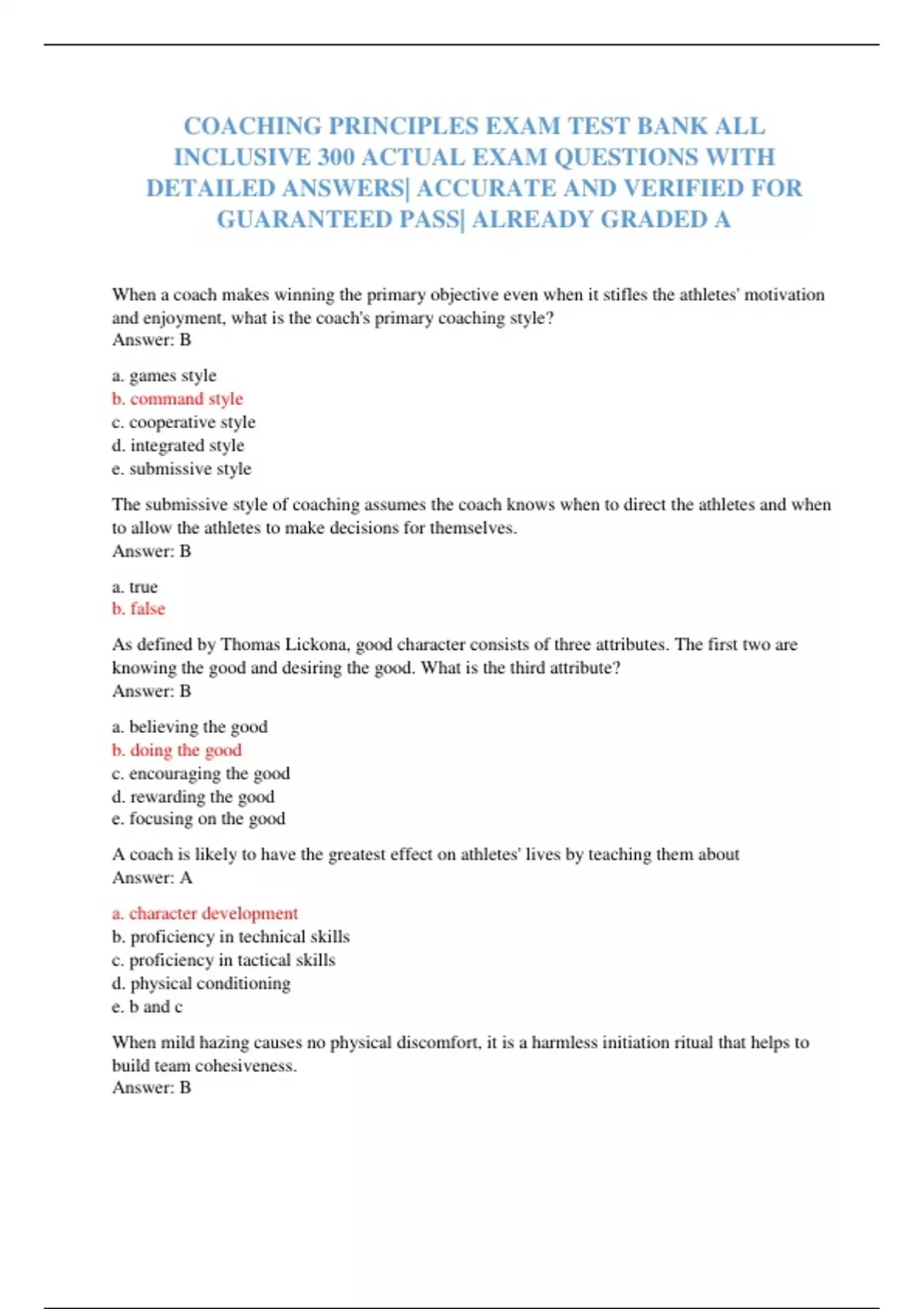 COACHING PRINCIPLES EXAM TEST BANK ALL INCLUSIVE 300 ACTUAL EXAM ...