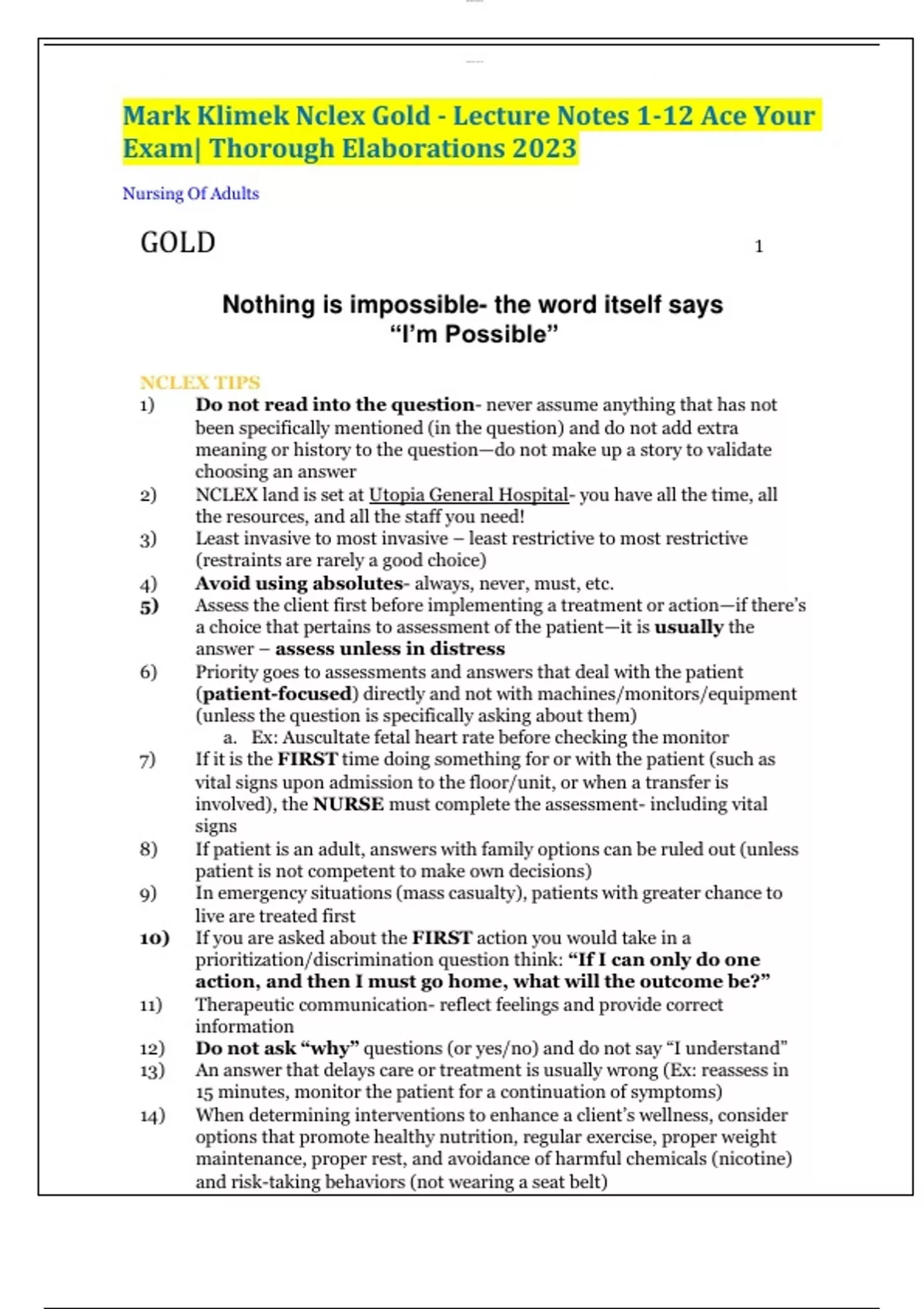 Mark Klimek Nclex Gold - Lecture Notes 1-12 Ace Your Exam| Thorough ...