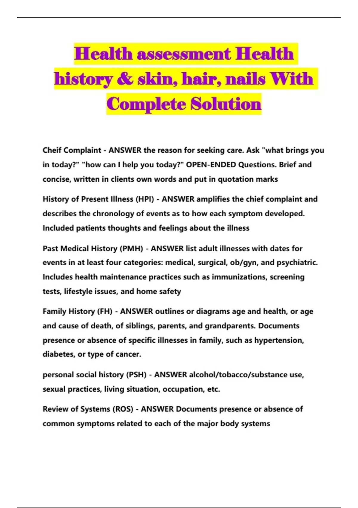 Health assessment Health history & skin, hair, nails With Complete ...