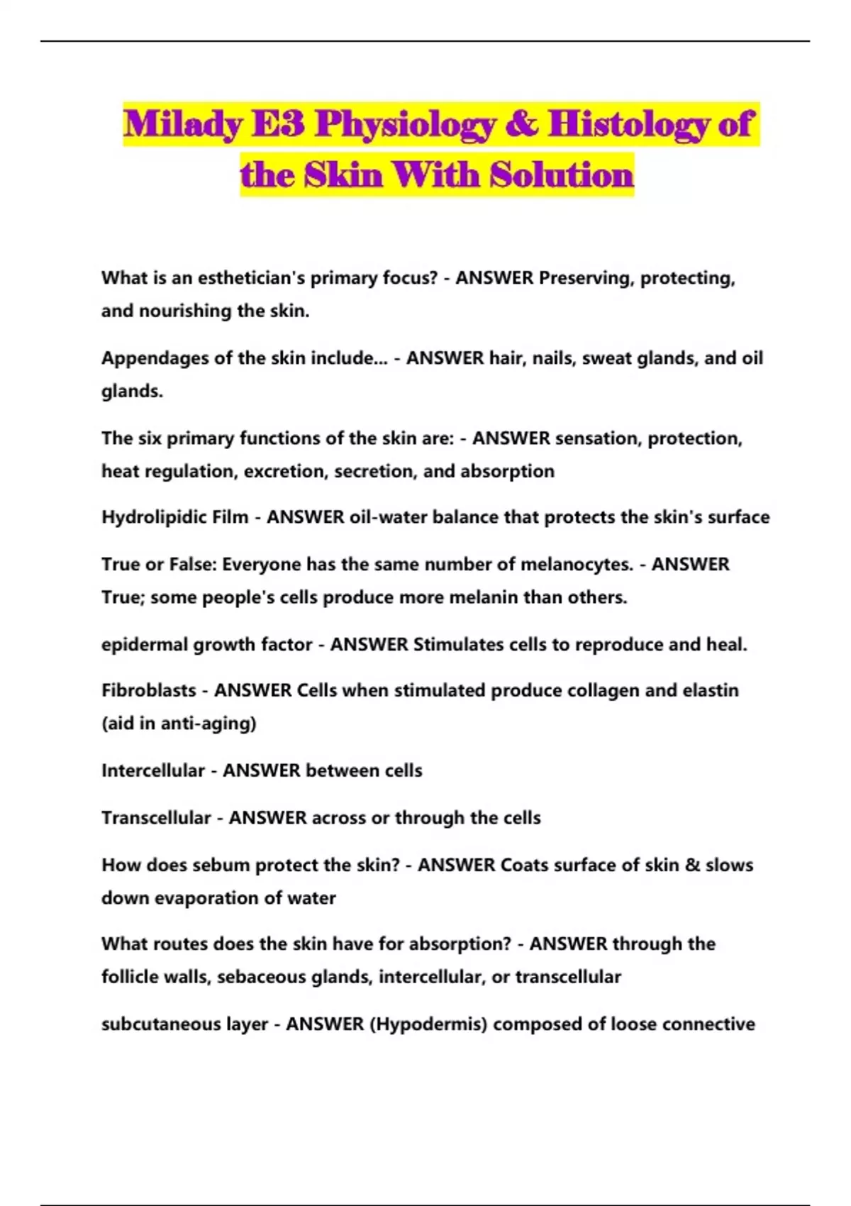 Milady E3 Physiology & Histology of the Skin With Solution - Milady E3 ...