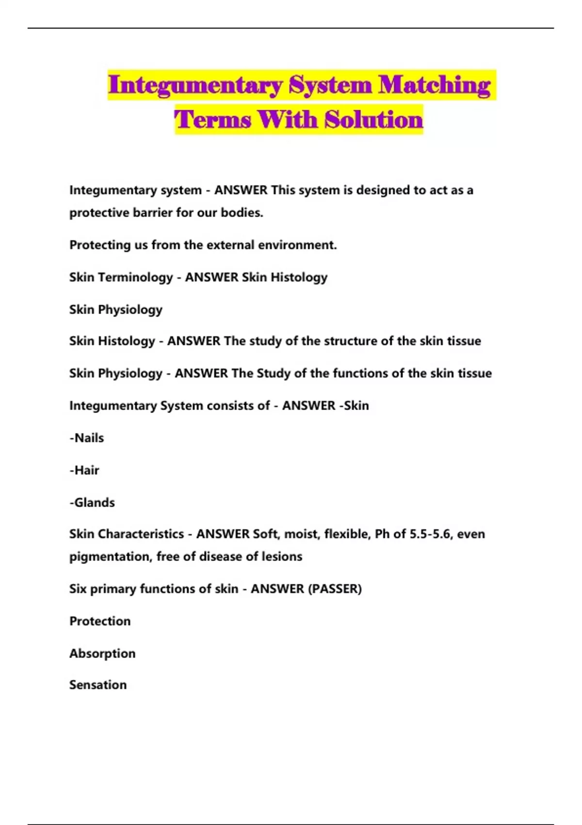 Integumentary System Matching Terms With Solution - Integumentary ...