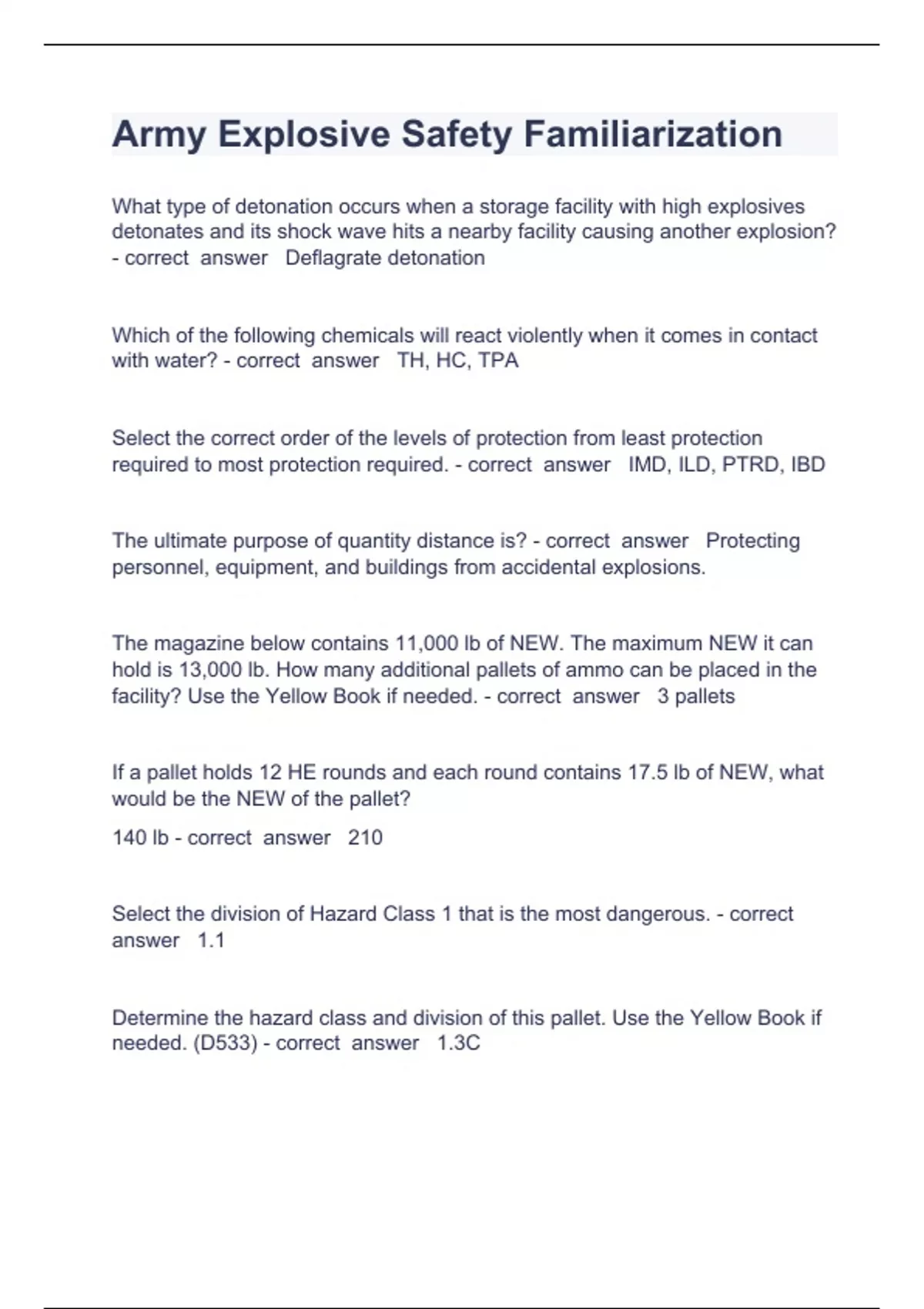 Army Explosive Safety Familiarization Question and answers 2023/2024 ...