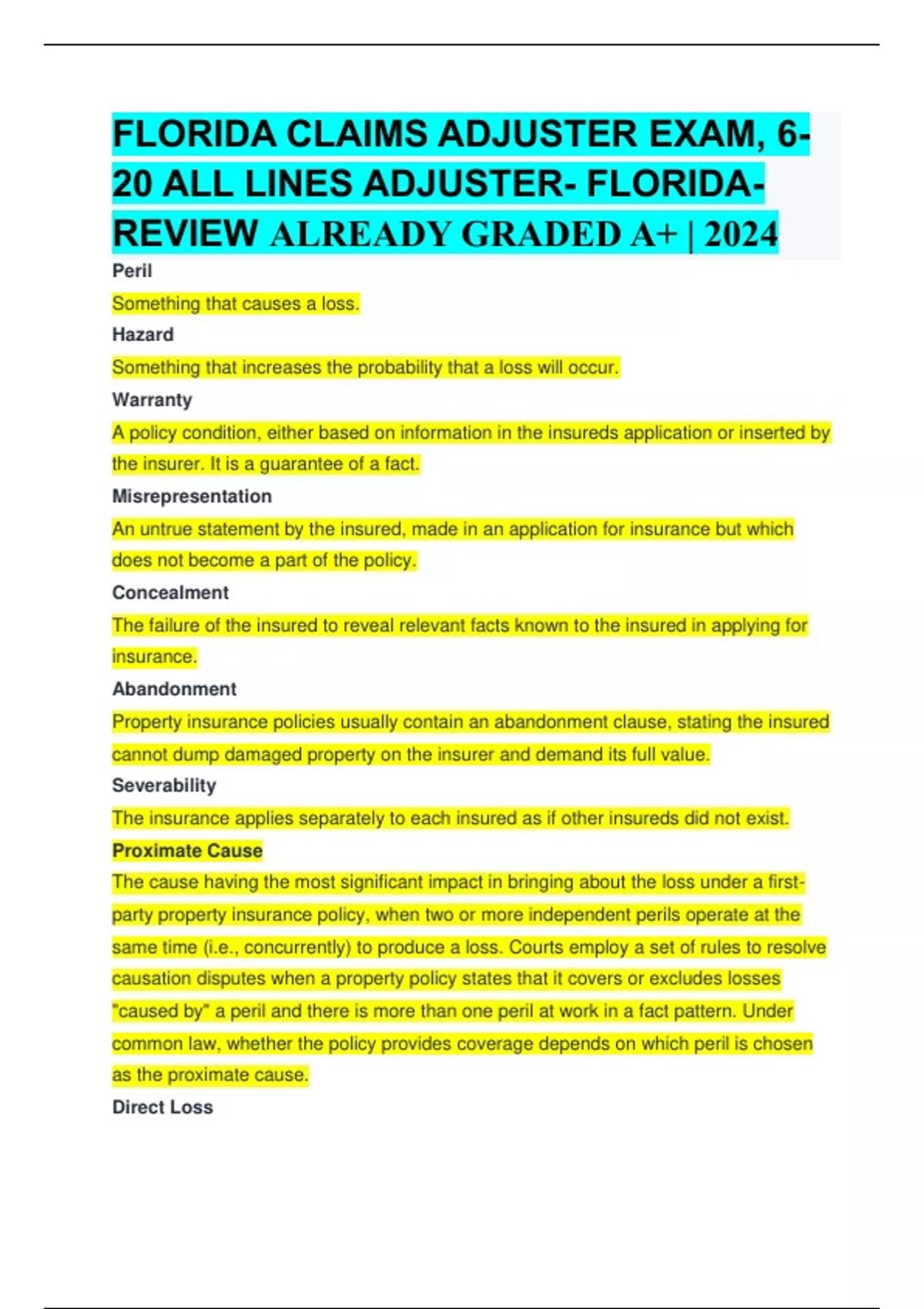 FLORIDA CLAIMS ADJUSTER EXAM, 6- 20 ALL LINES ADJUSTER- FLORIDA REVIEW ...