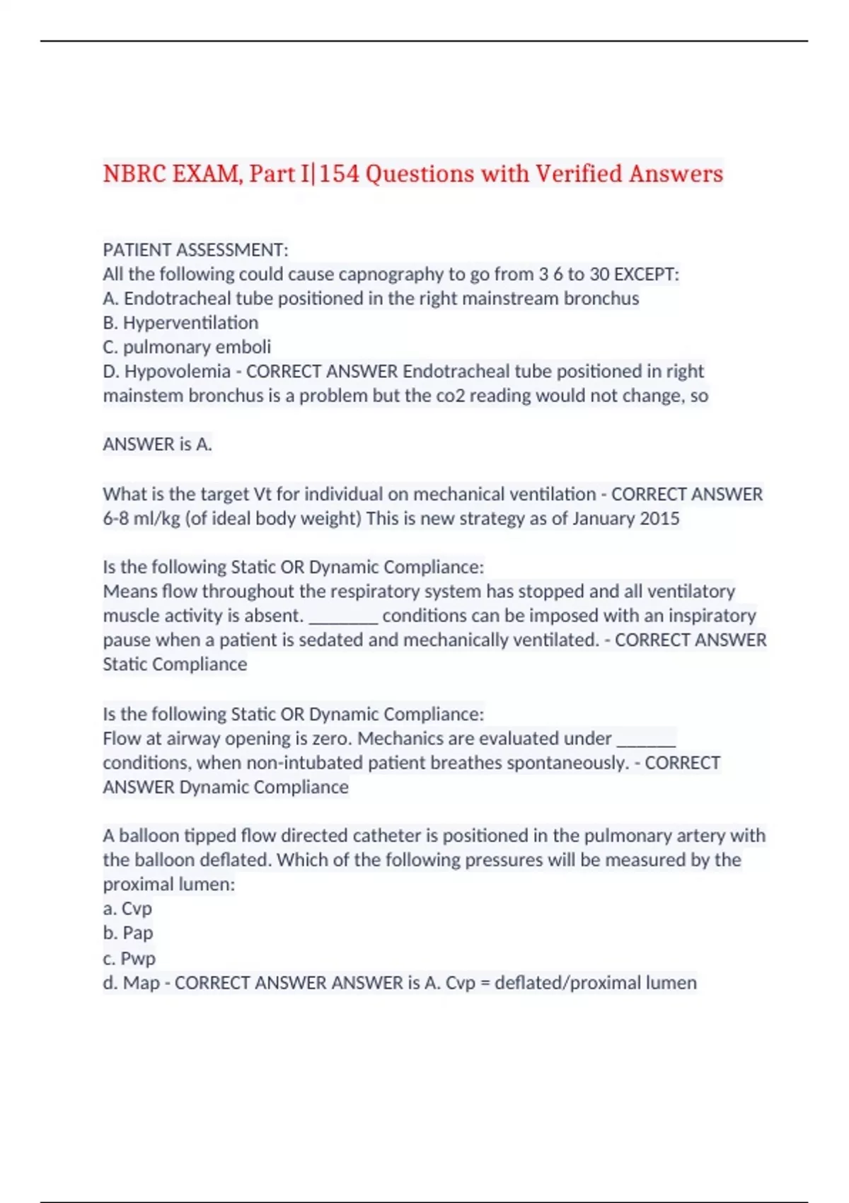 NBRC EXAM, Part I|154 Questions with Verified Answers,100% CORRECT ...