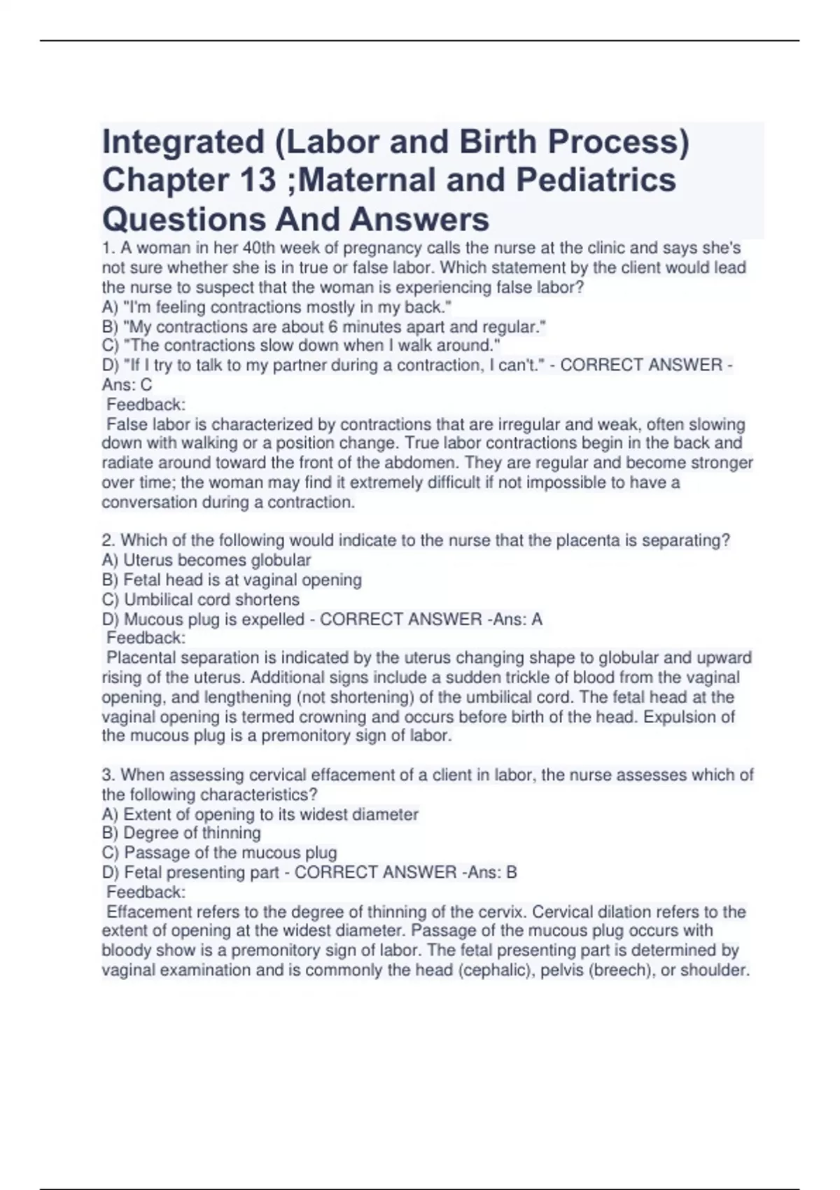 Integrated (Labor and Birth Process) Chapter 13 ;Maternal and ...