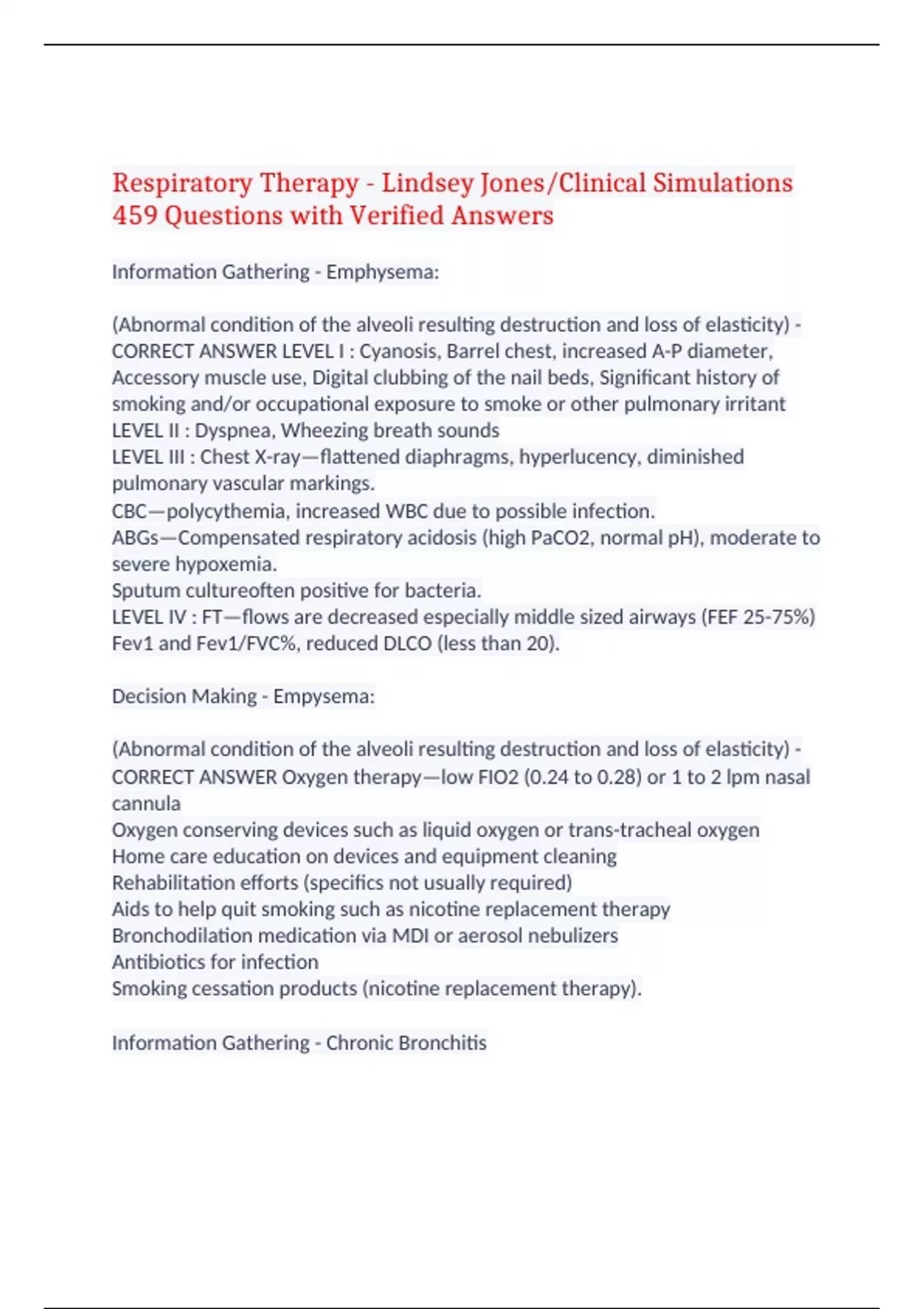 Respiratory Therapy - Lindsey Jones/Clinical Simulations 459 Questions ...