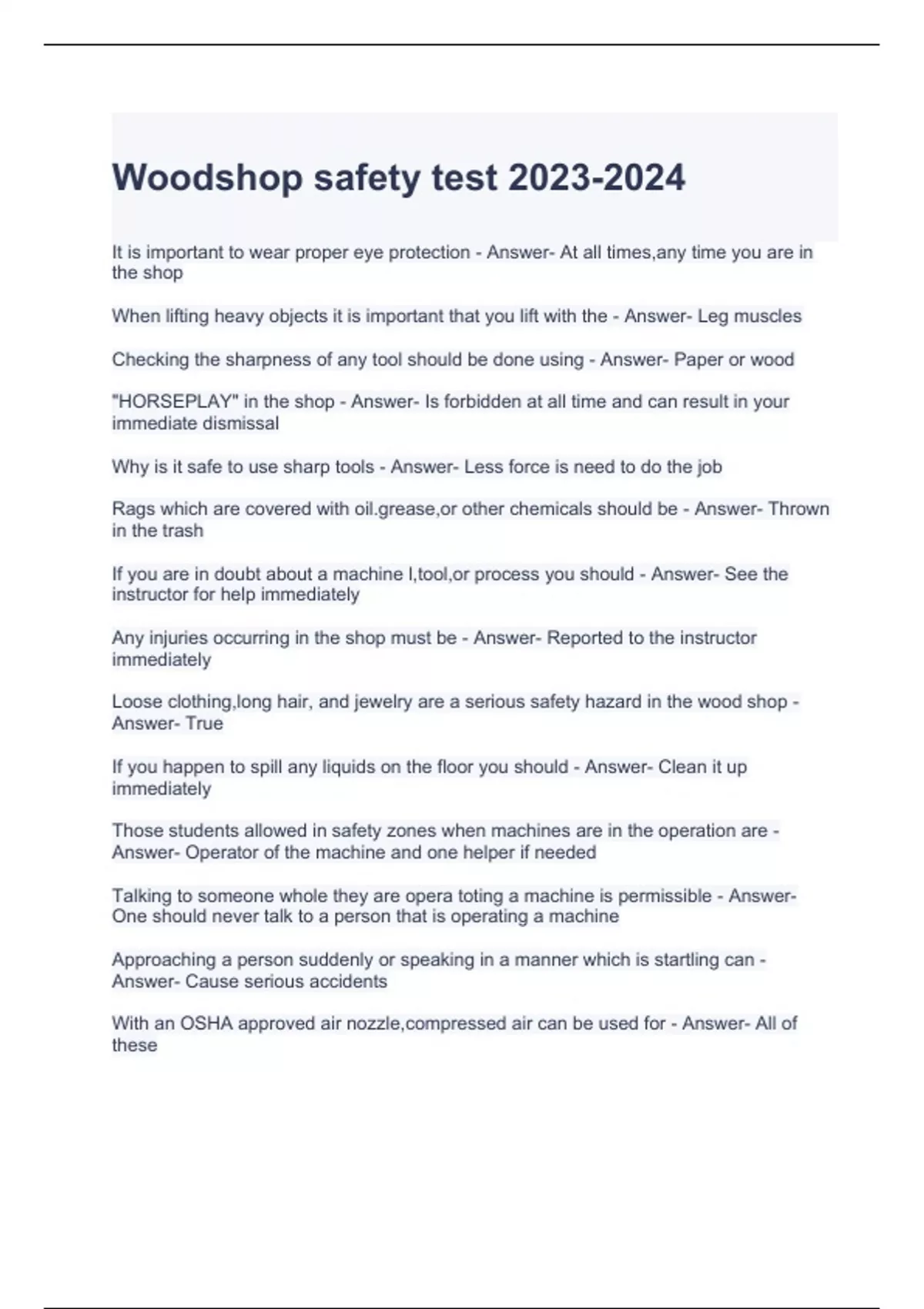 Woodshop safety test questions and answers - Woodshop - Stuvia US