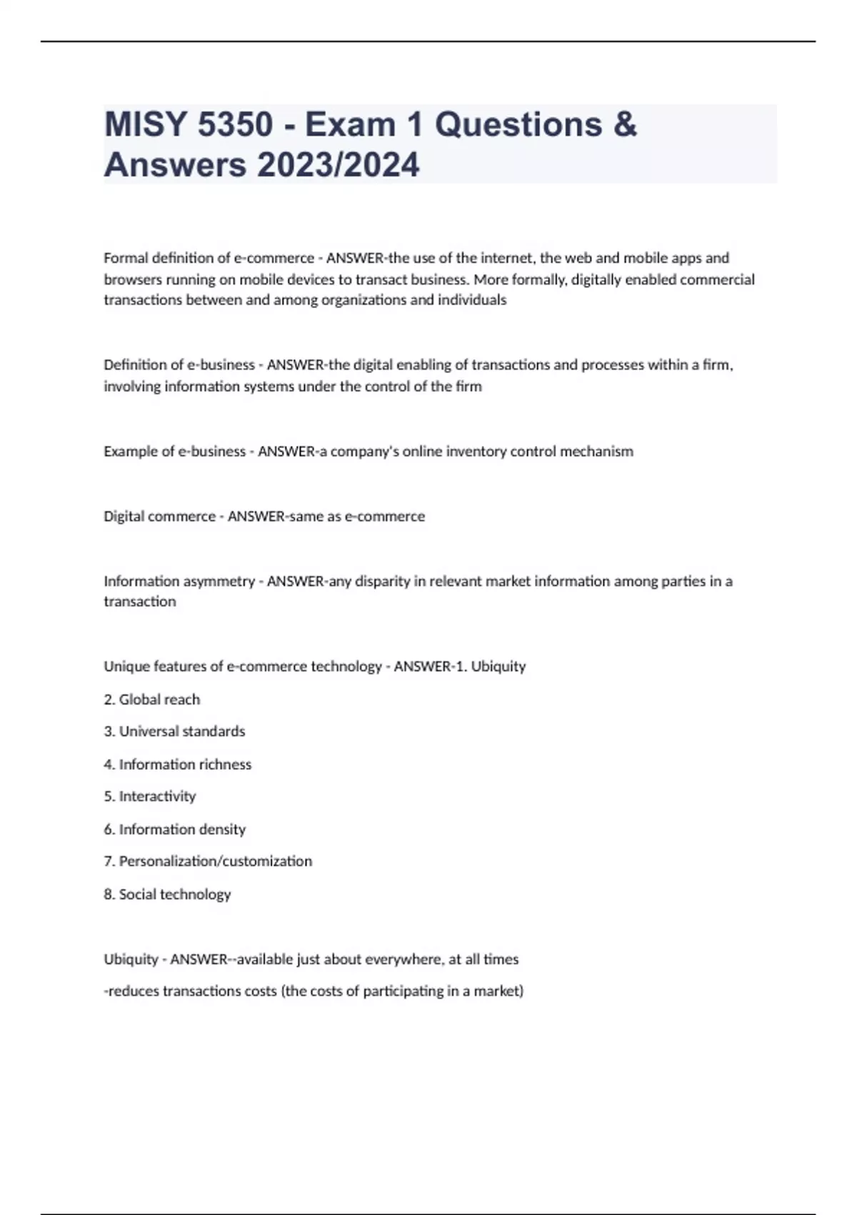MISY 5350 - Exam 1 Questions & Answers 2023/2024 - MISY 5350 - Stuvia US