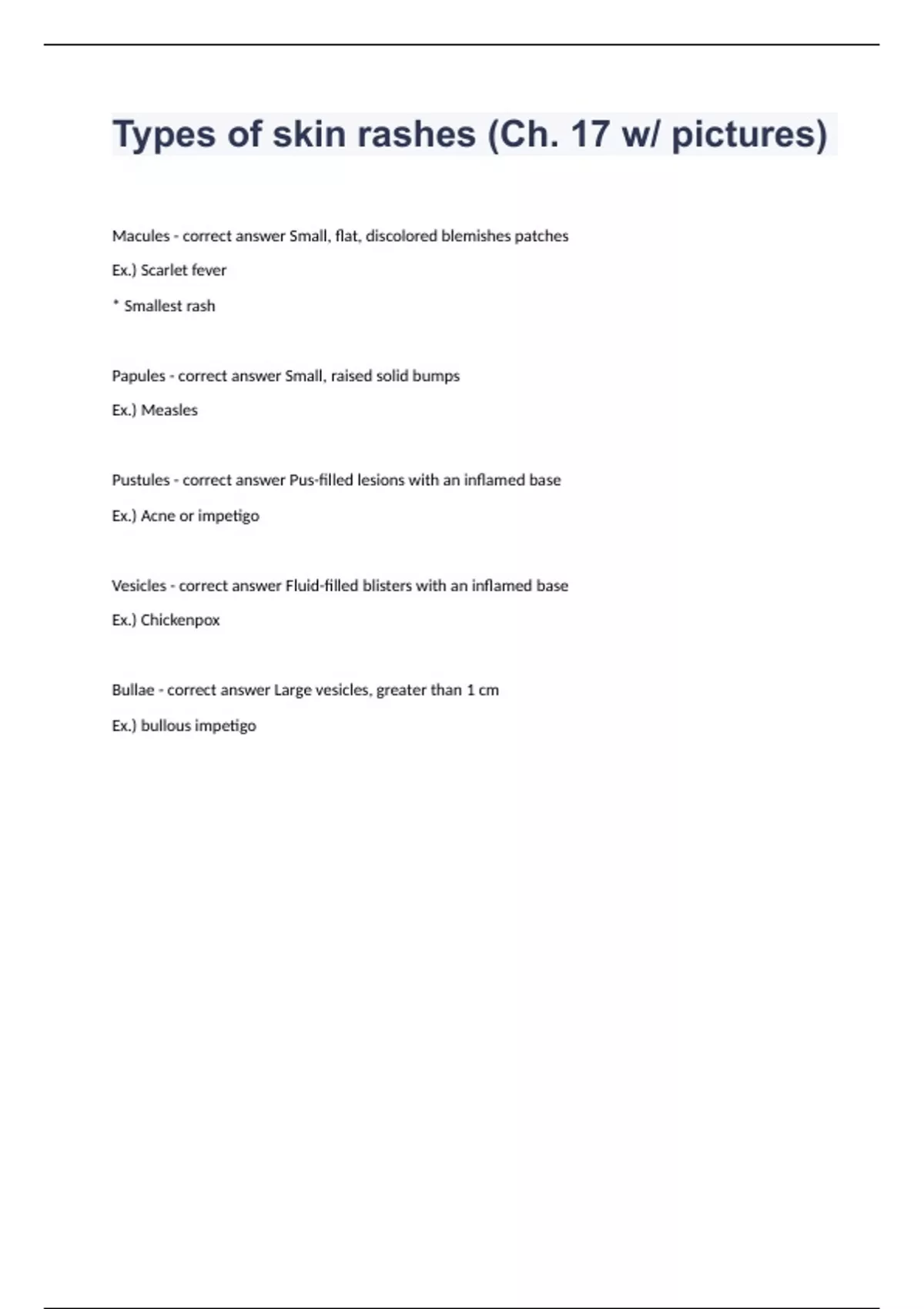 Types of skin rashes (Ch. 17 w pictures)question well answered rated A+ ...