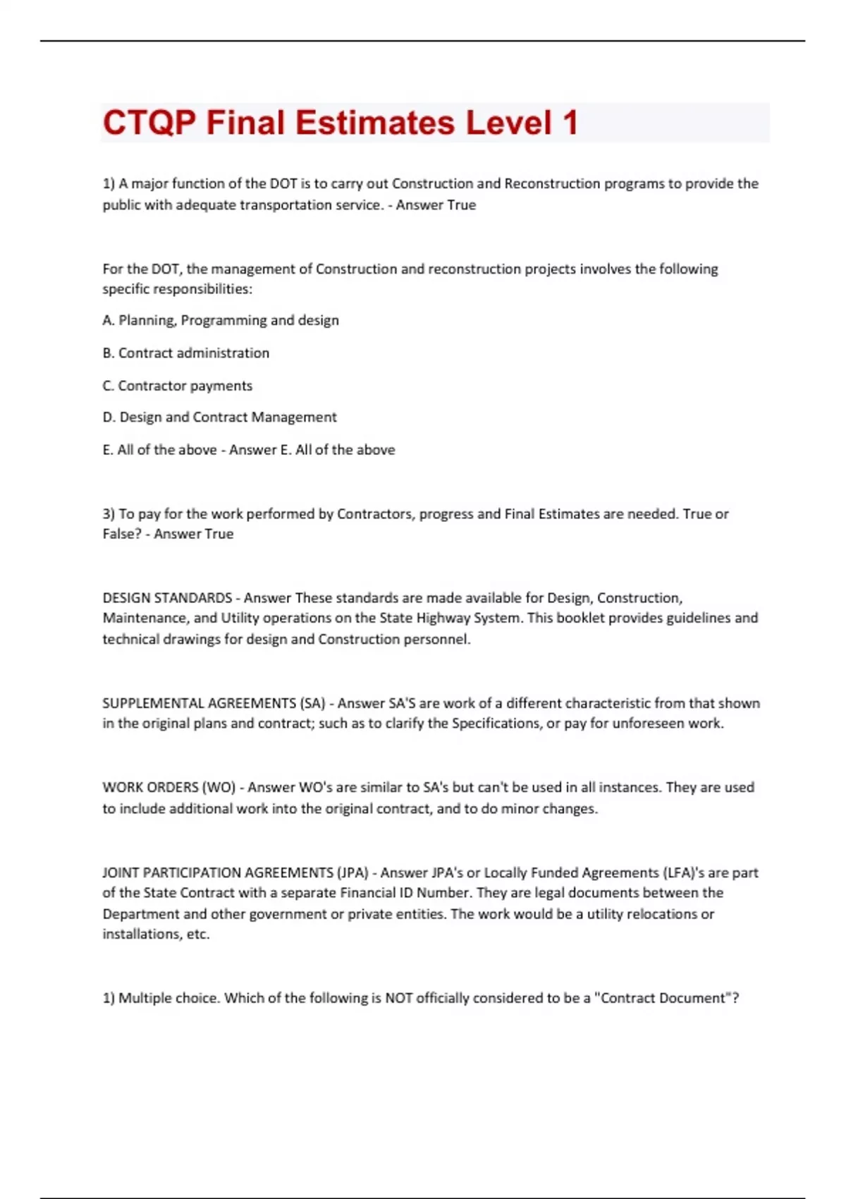 CTQP Final Estimates Level 1 Questions and Answers(A+ Solution guide ...