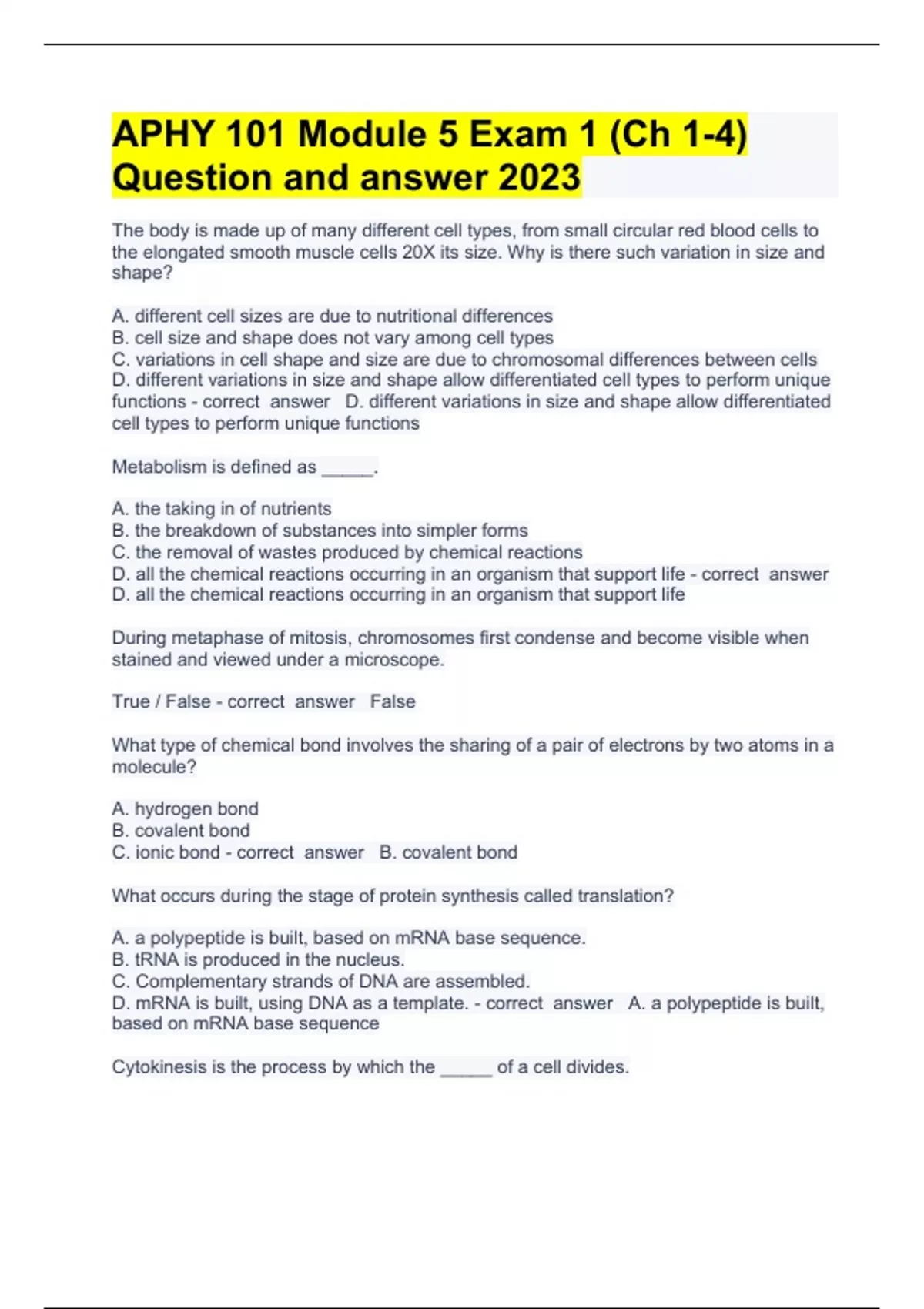 APHY 101 Module 5 Exam 1 Question and answers correctly solved 2023/2024 - APHY - Stuvia US