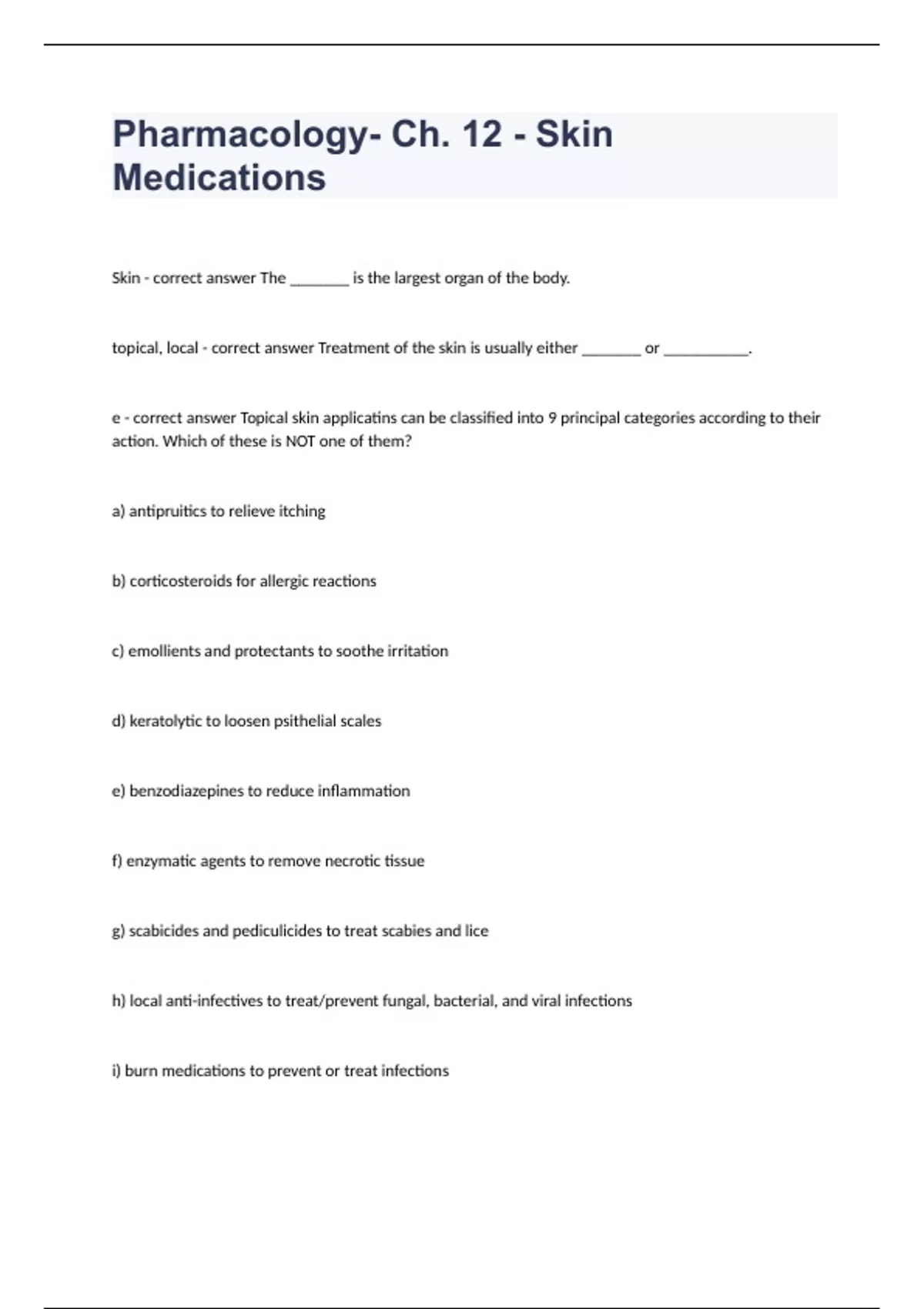 Pharmacology- Ch. 12 - Skin Medications 2023/2024 updated to pass ...