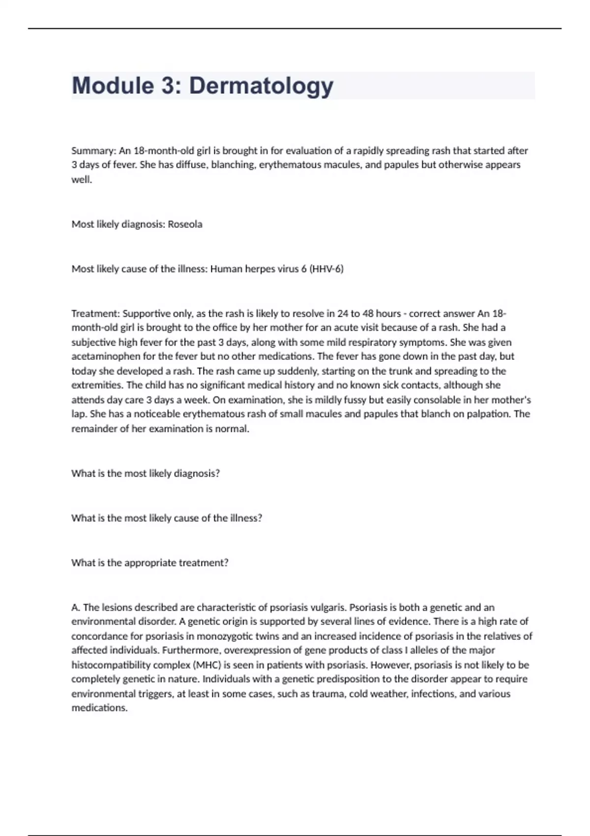 Module 3 Dermatology fully solved 2023/2024 - ROSH - Stuvia US