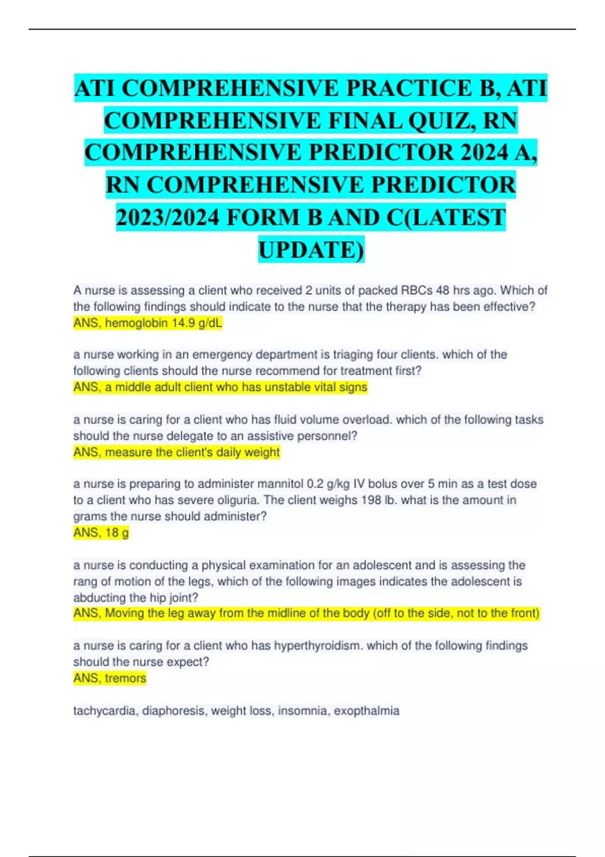 ATI COMPREHENSIVE PRACTICE B, ATI COMPREHENSIVE FINAL QUIZ, RN COMPREHENSIVE PREDICTOR 2024 A ...