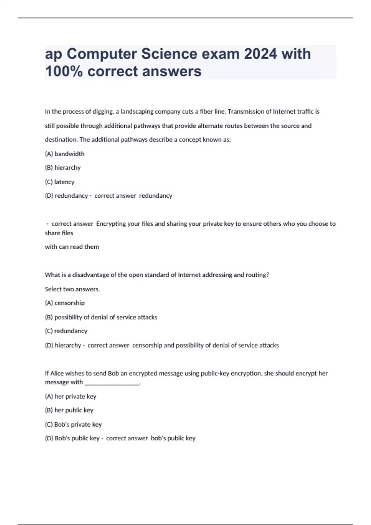 ap Computer Science exam 2024 with 100% correct answers - AP Computer ...