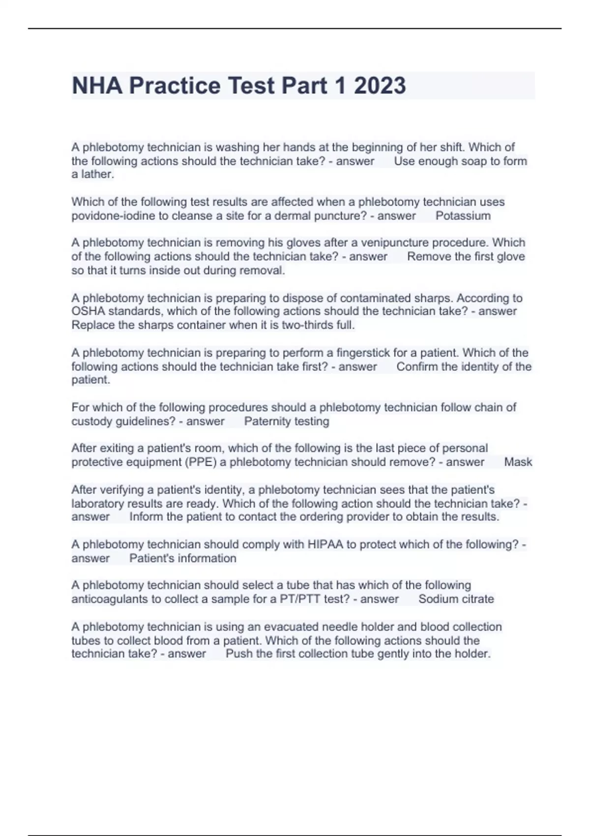 NHA Practice Test Part 1 2023 Questions with Accurate Answers 2023 ...