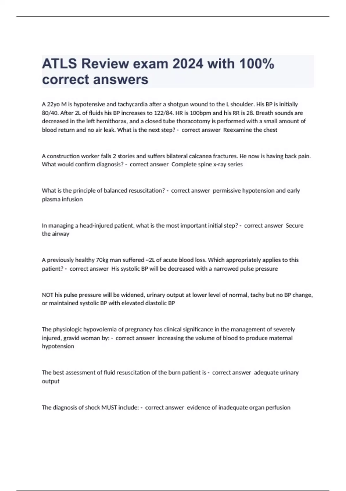 ATLS Review exam 2024 with 100% correct answers - ATLS - Stuvia US