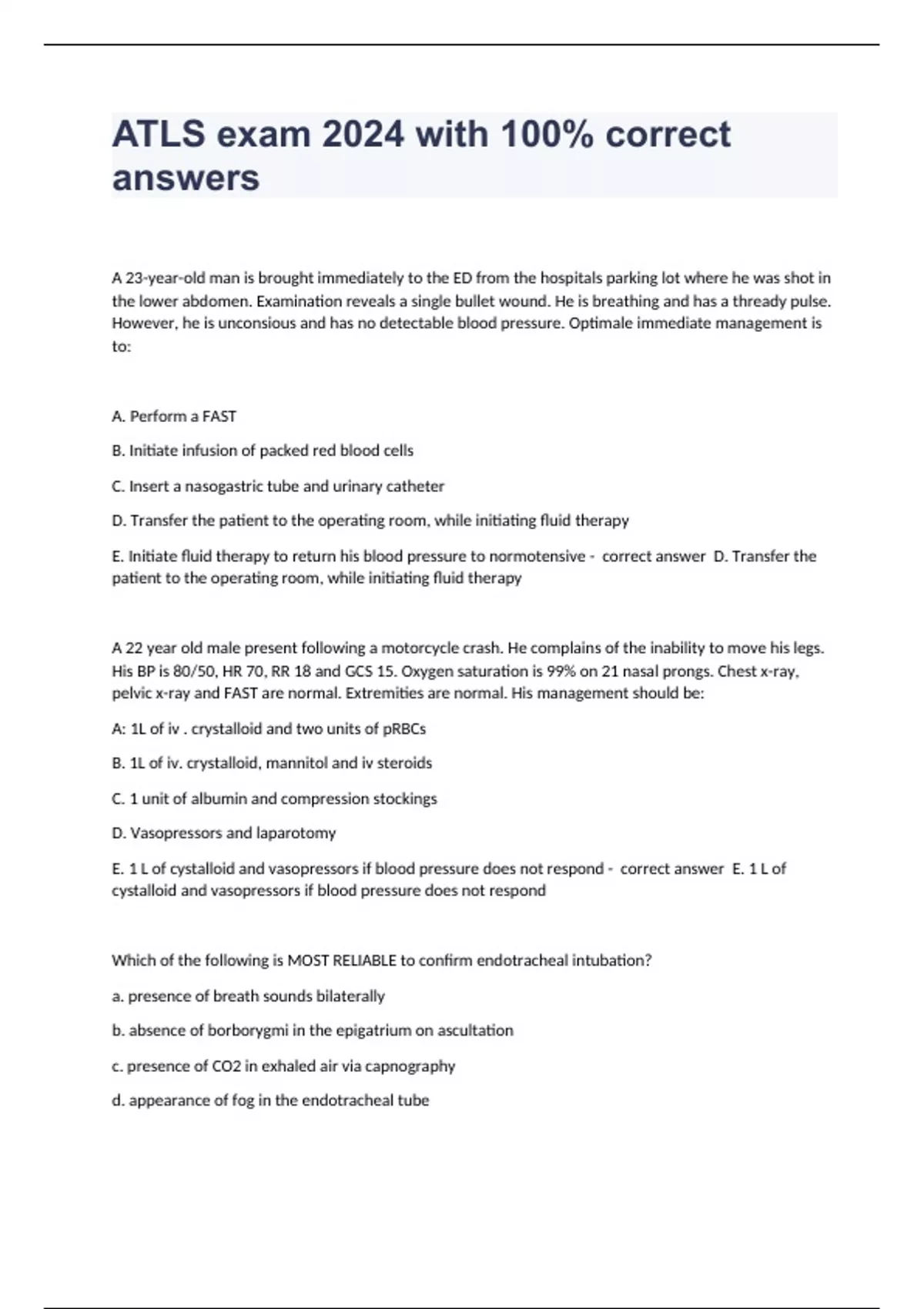 ATLS exam 2024 with 100% correct answers - ATLS - Stuvia US