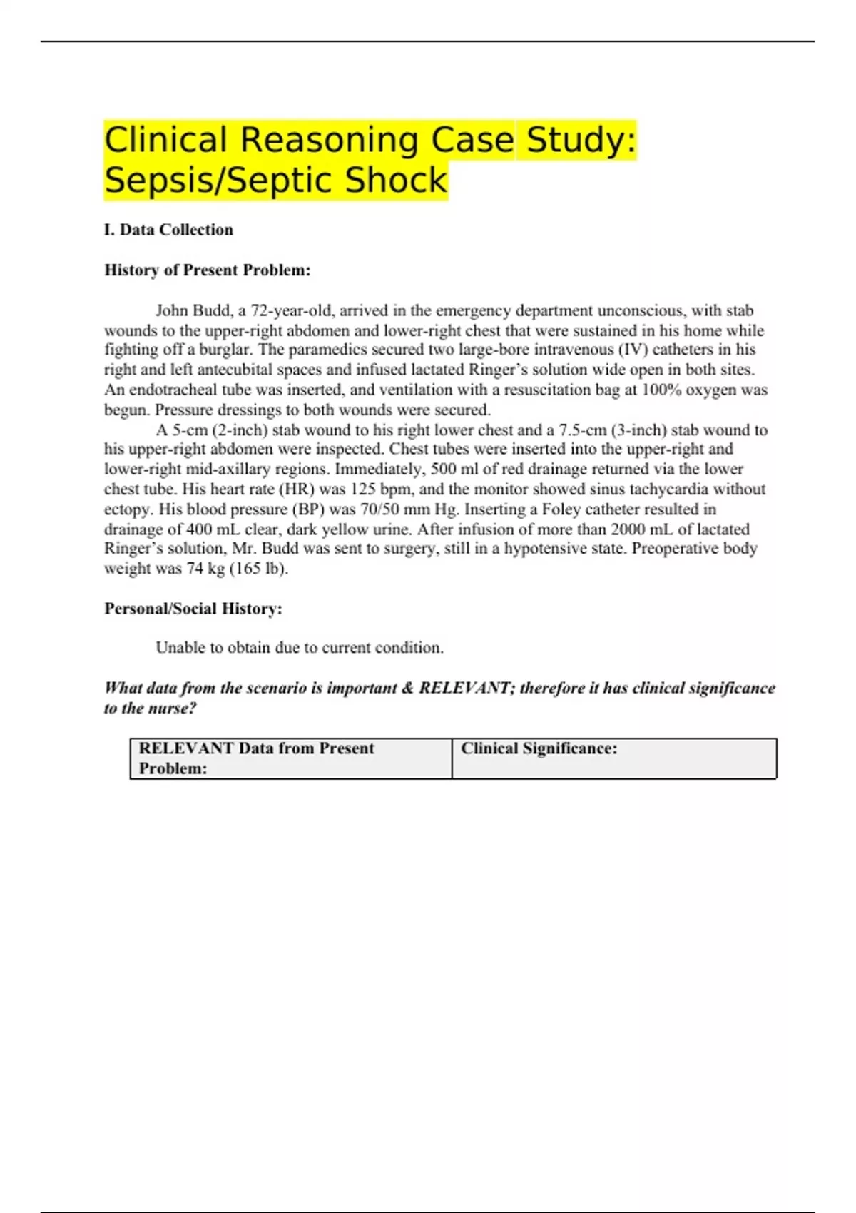 Summary Clinical Reasoning Case Study: Sepsis/Septic Shock - Clinical ...