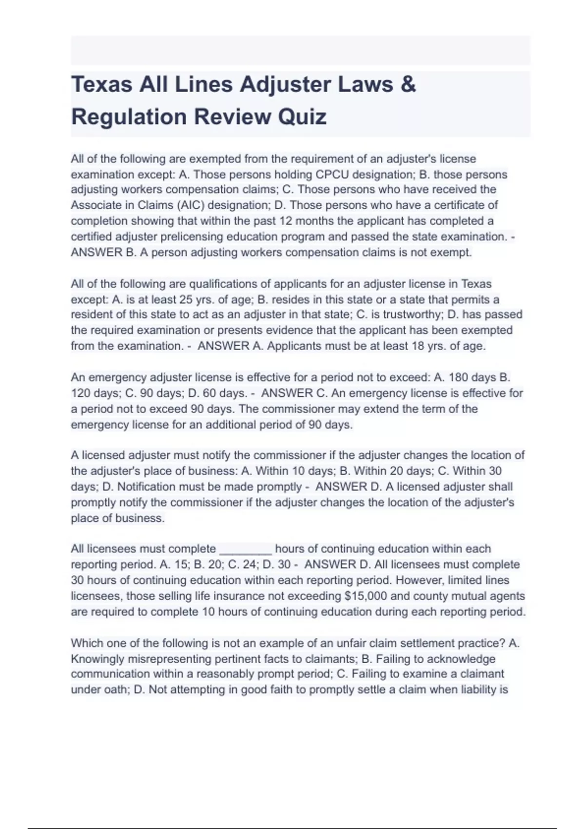 Texas All Lines Adjuster Laws & Regulation Review Quiz Questions and ...