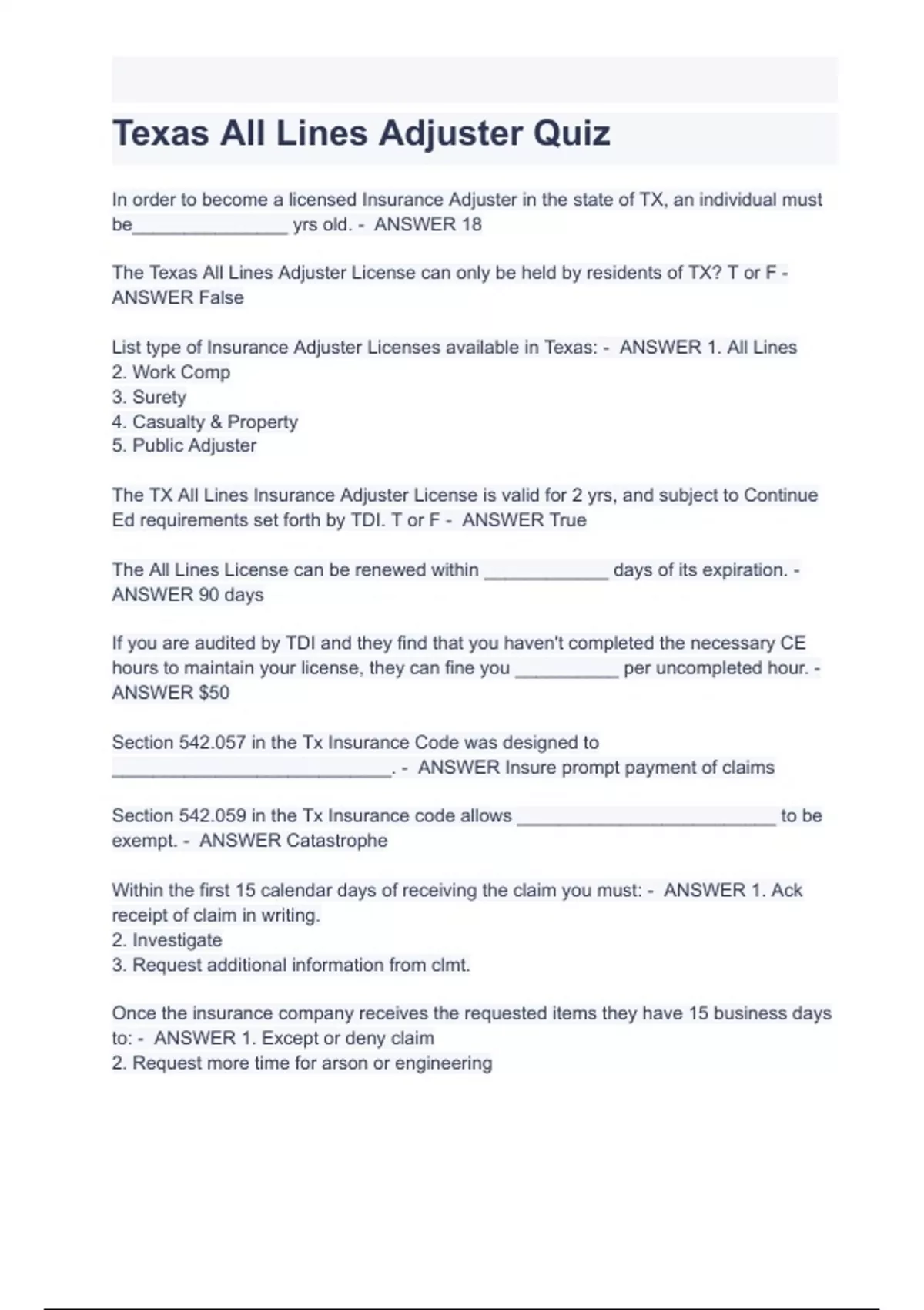 Texas All Lines Adjuster Quiz Actual Exam Latest 2024 Questions and ...