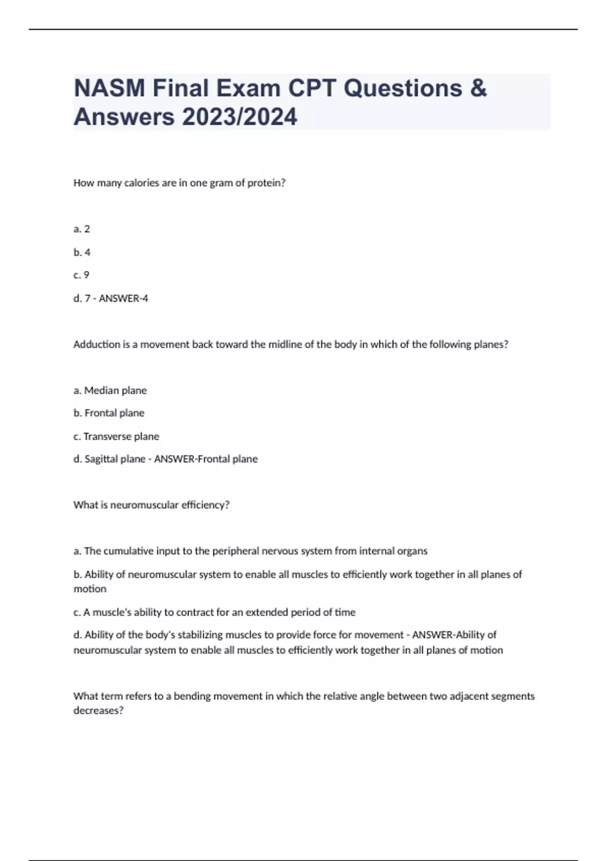 NASM Final Exam CPT Questions & Answers 2023/2024 - NASM - Stuvia US