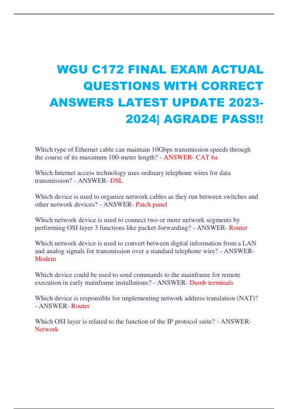 WGU C172 FINAL EXAM ACTUAL QUESTIONS WITH CORRECT ANSWERS LATEST UPDATE ...