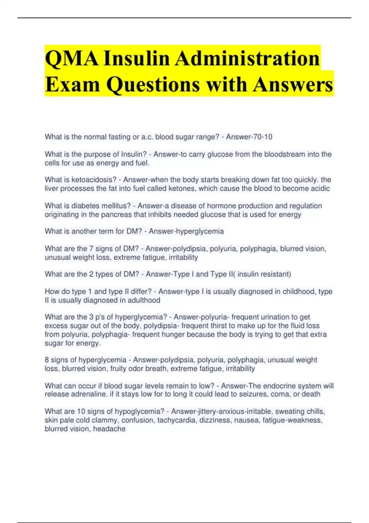 QMA Insulin Administration Exam Questions with Answers - QMA Insulin ...