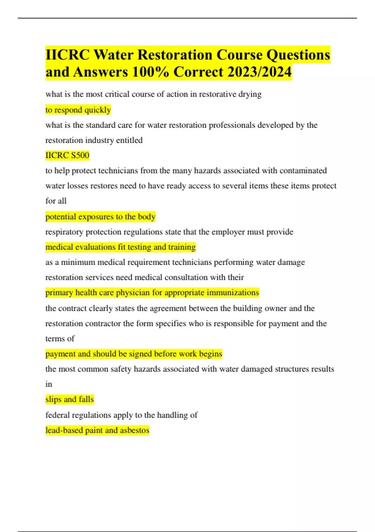 IICRC Water Restoration Course Questions and Answers 100% Correct 2023/ ...