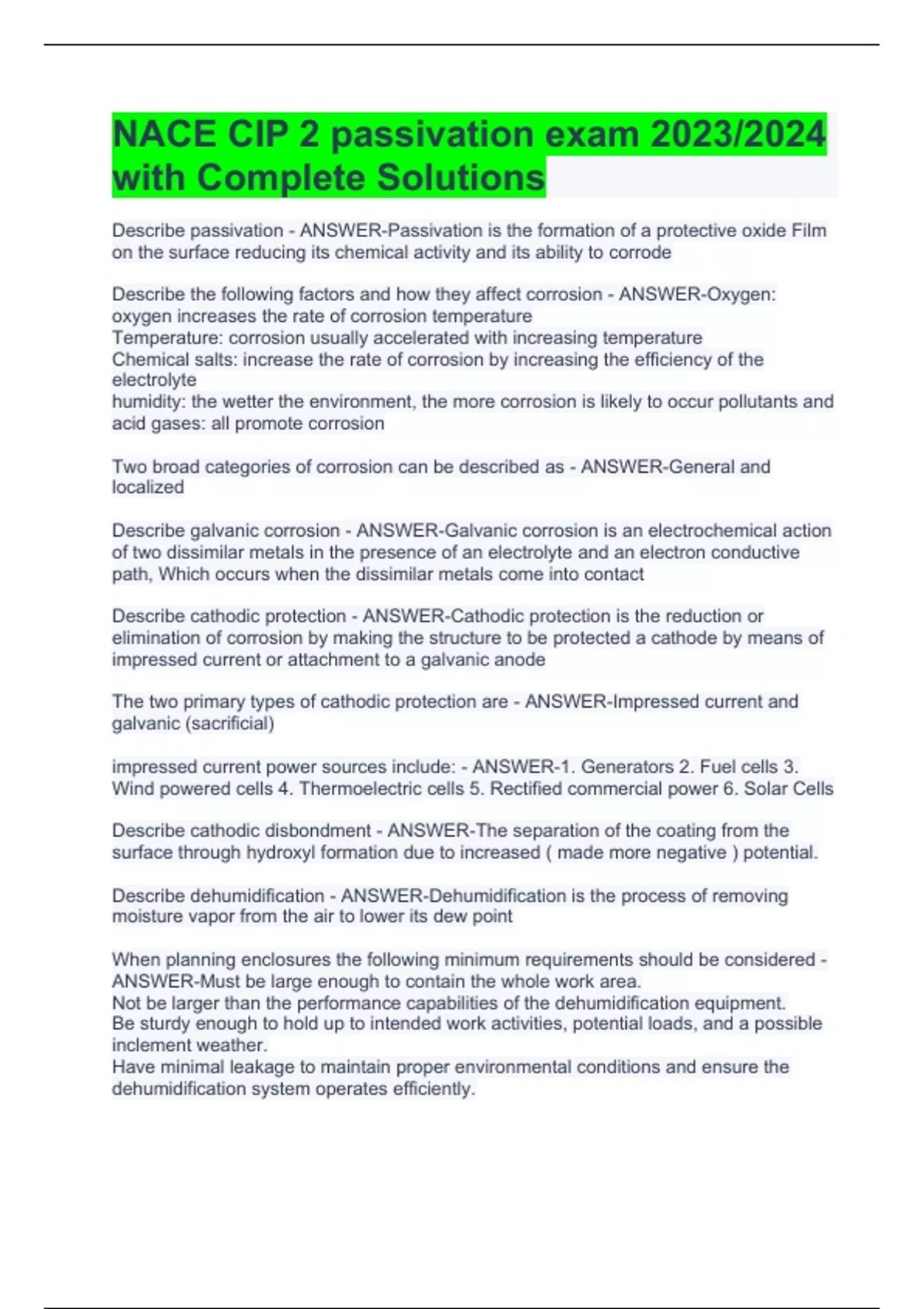 NACE CIP 2 passivation exam 2023/2024 with Complete Solutions - NACE ...