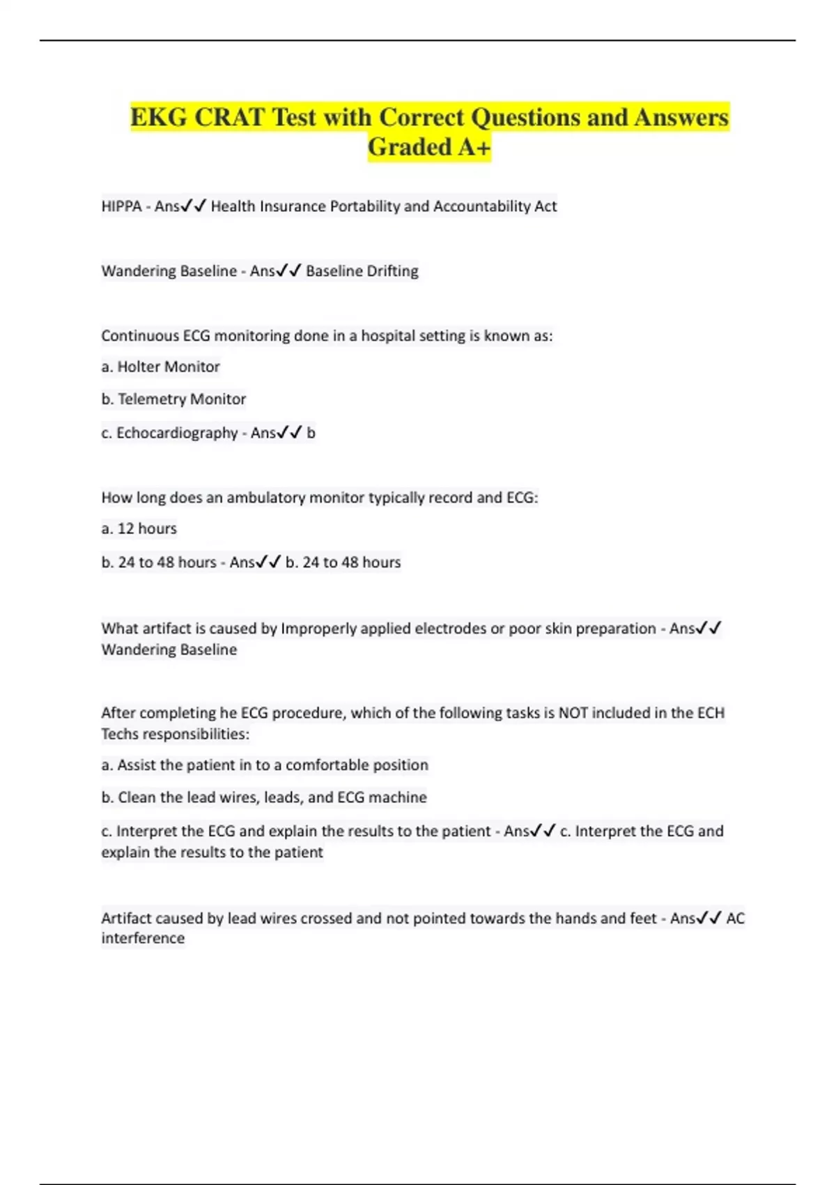 EKG CRAT Test Questions With Correct Answers 2023/2024 (Graded A+ ...
