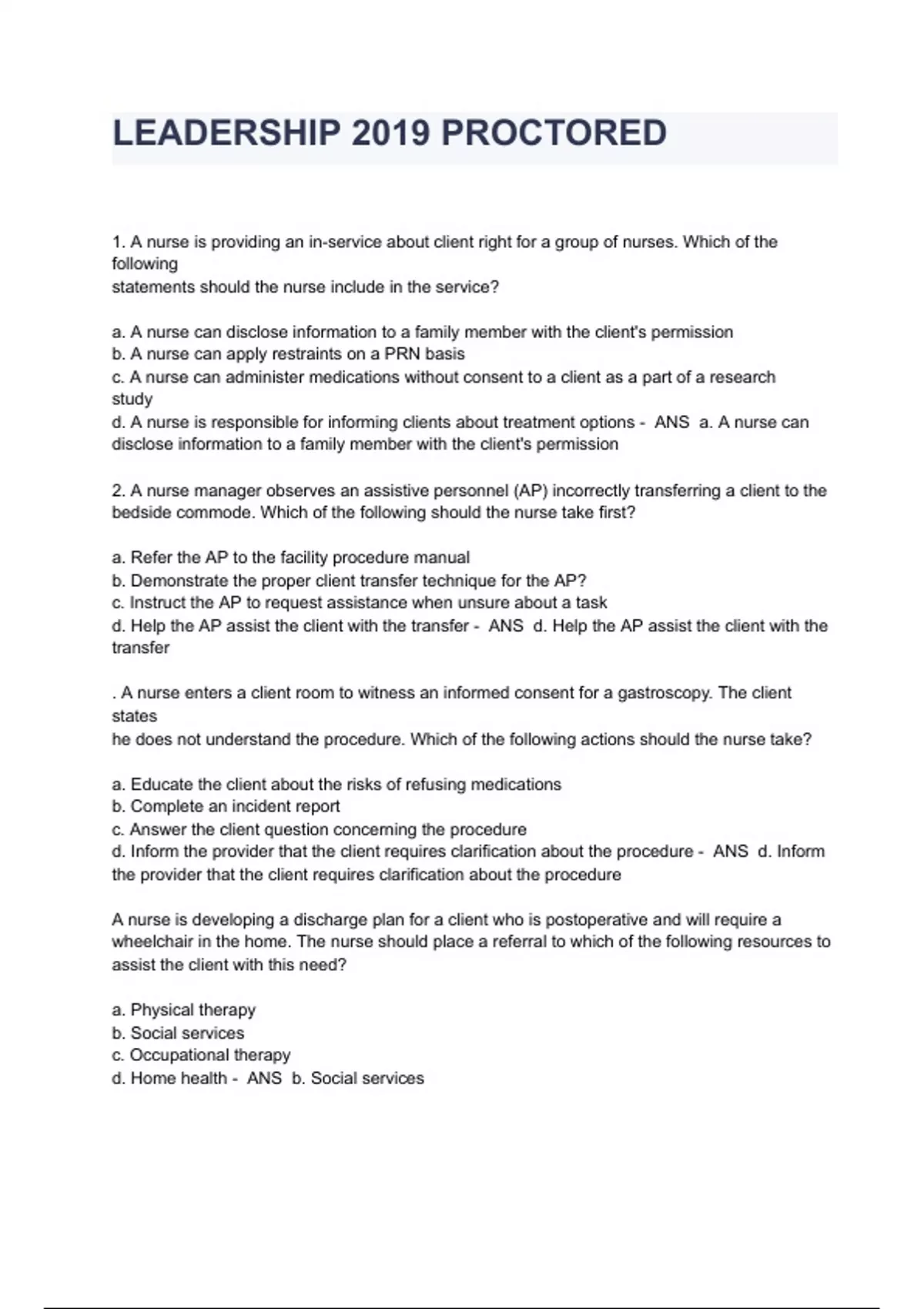 LEADERSHIP 2019 PROCTORED EXAM QUESTIONS WITH CORRECT VERIFIED ANSWERS ...