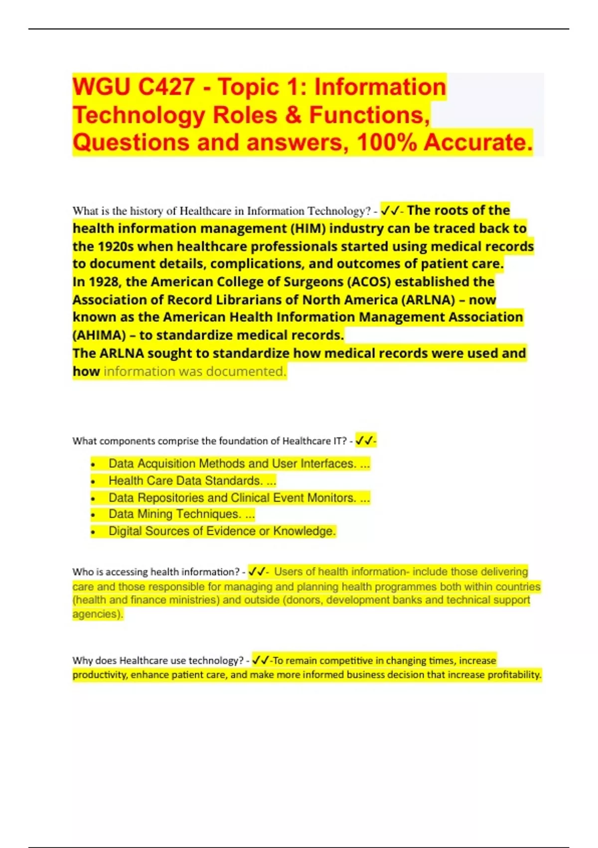 WGU C427 - Topic 1: Information Technology Roles & Functions, Questions ...