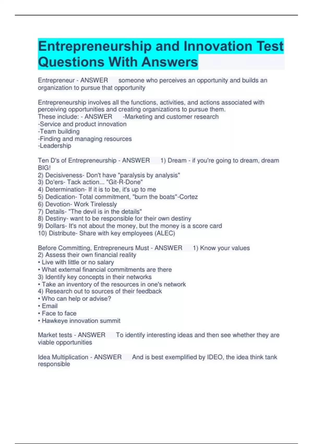 Entrepreneurship and Innovation Test Questions With Answers ...