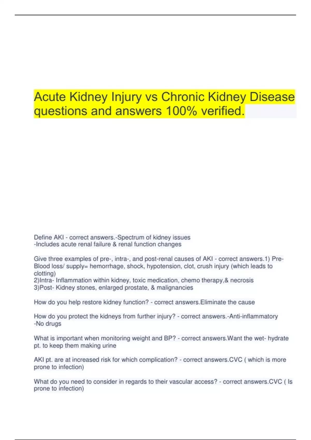 Acute Kidney Injury vs Chronic Kidney Disease questions and answers 100 ...