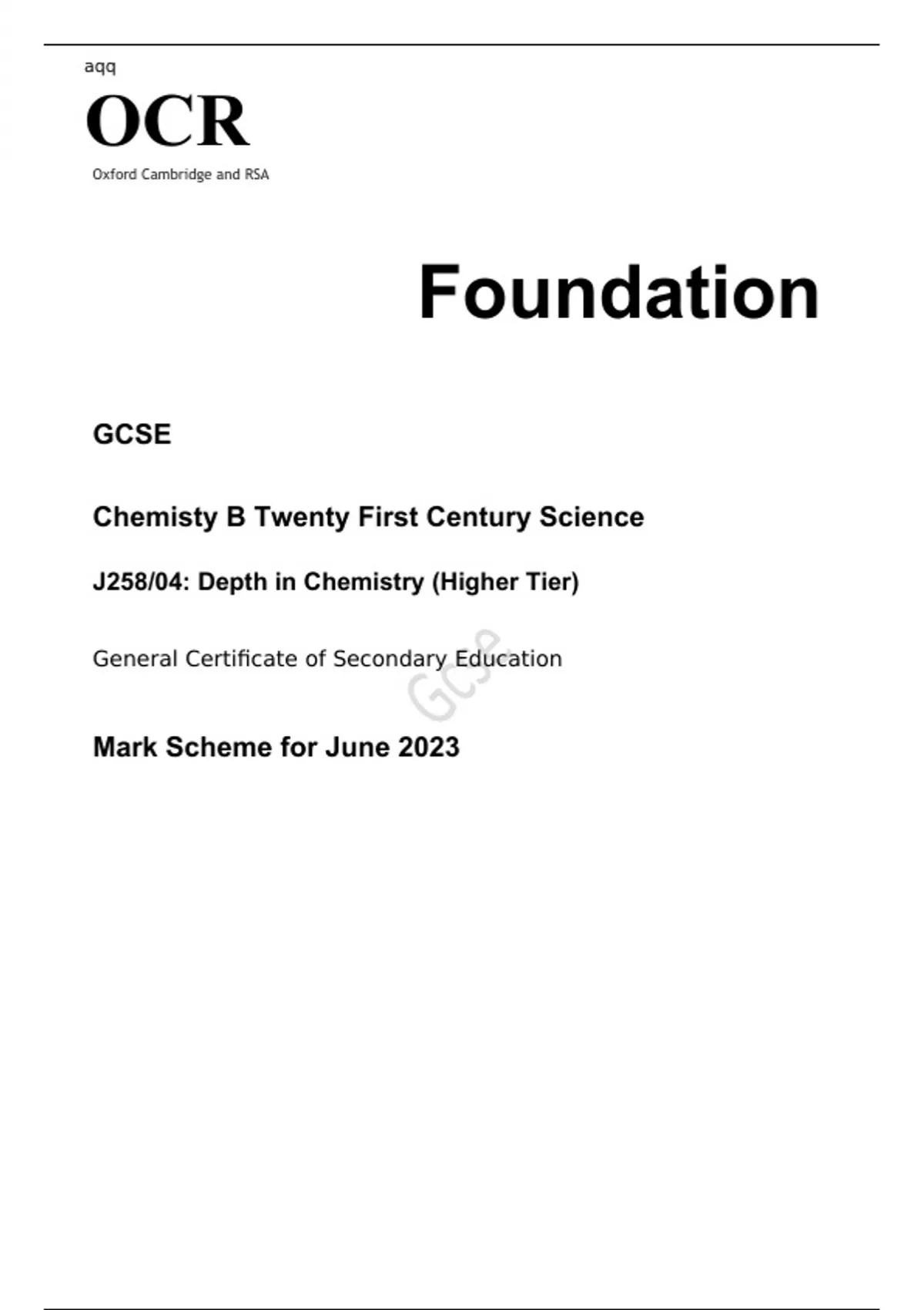 OCR GCSE (9–1) Chemistry B (Twenty First Century Science) J258/04 Depth in Chemistry (Higher ...