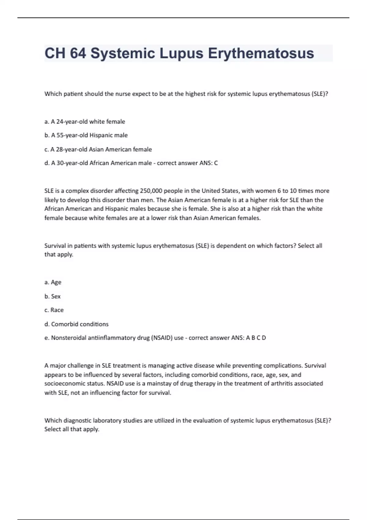 CH 64 Systemic Lupus Erythematosus correctly answered rated A+ - ROSH ...