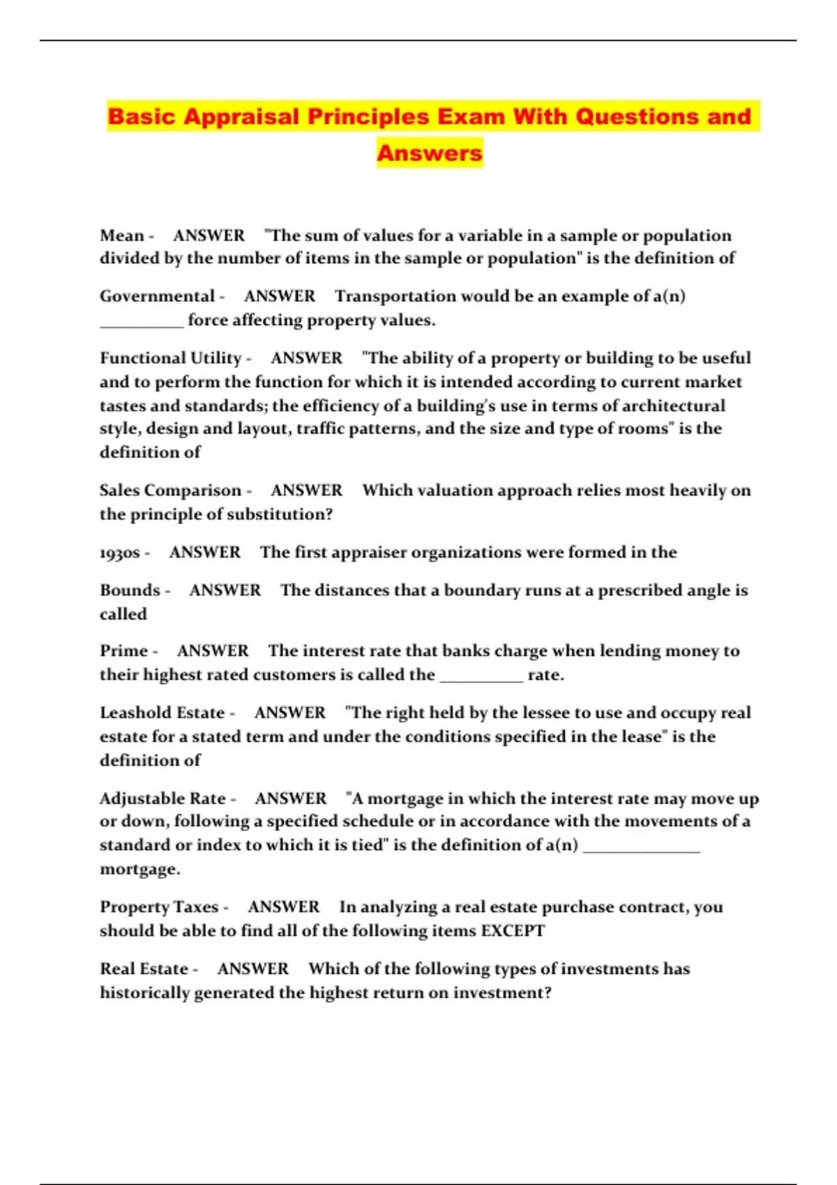 Basic Appraisal Principles Exam With Questions and Answers - Basic ...