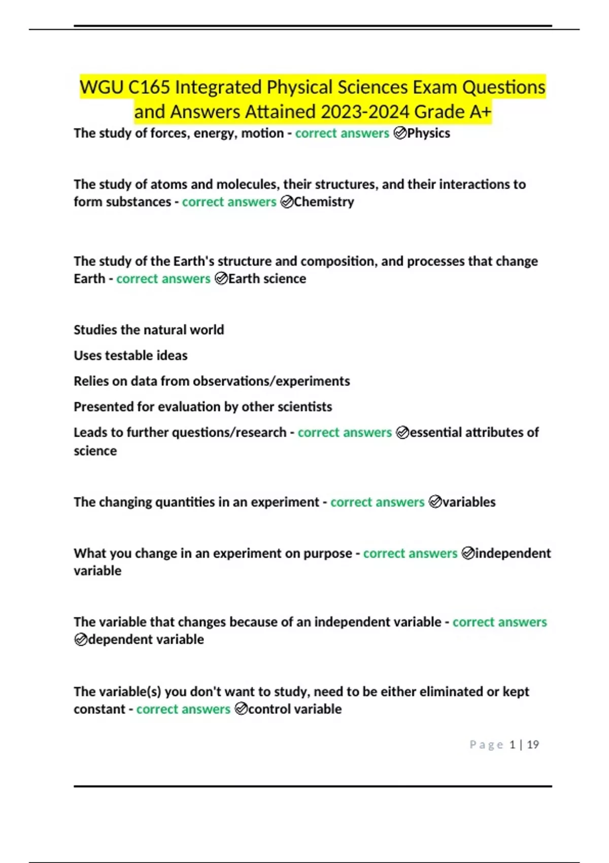 WGU C165 Integrated Physical Sciences Exam Questions and Answers ...