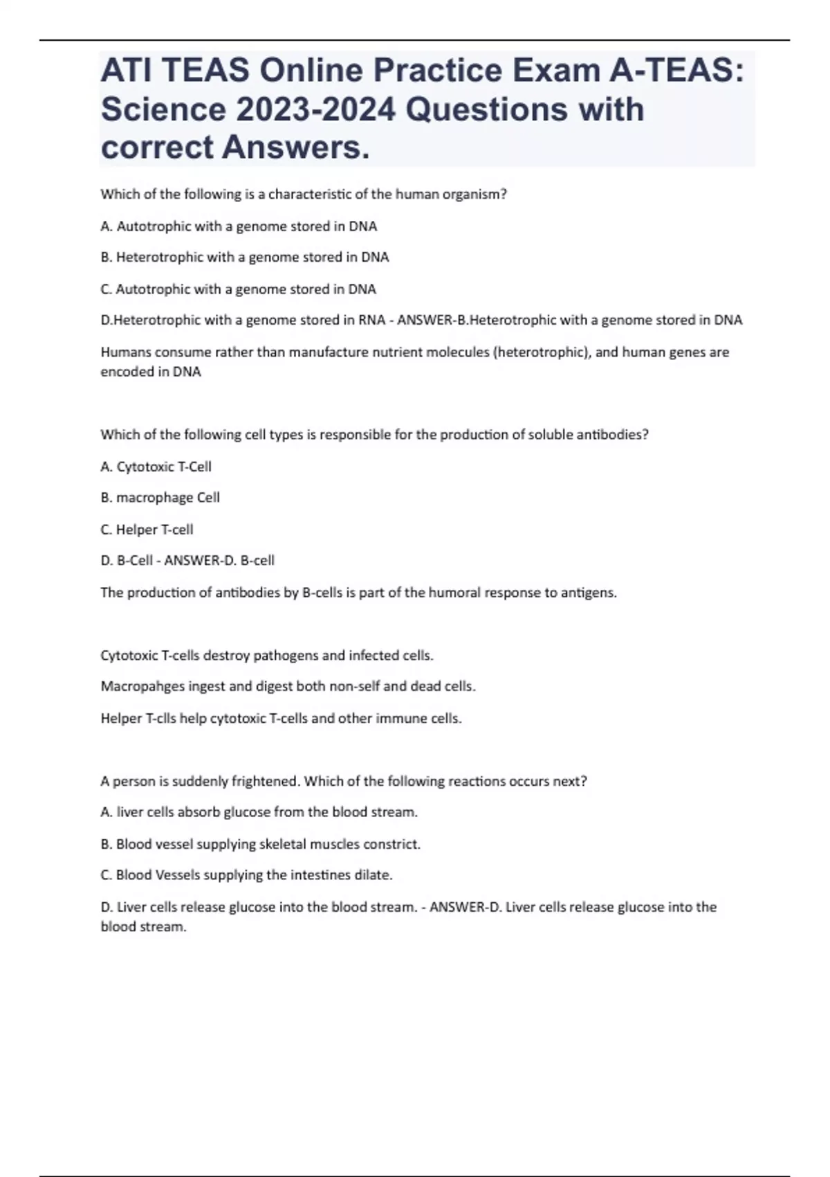 ATI TEAS Online Practice Exam A-TEAS: Science Questions with correct ...