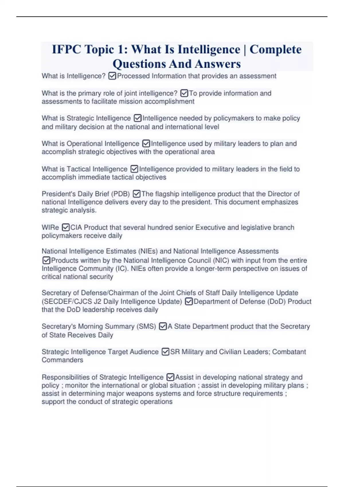 IFPC Topic 1: What Is Intelligence | Complete Questions And Answers ...