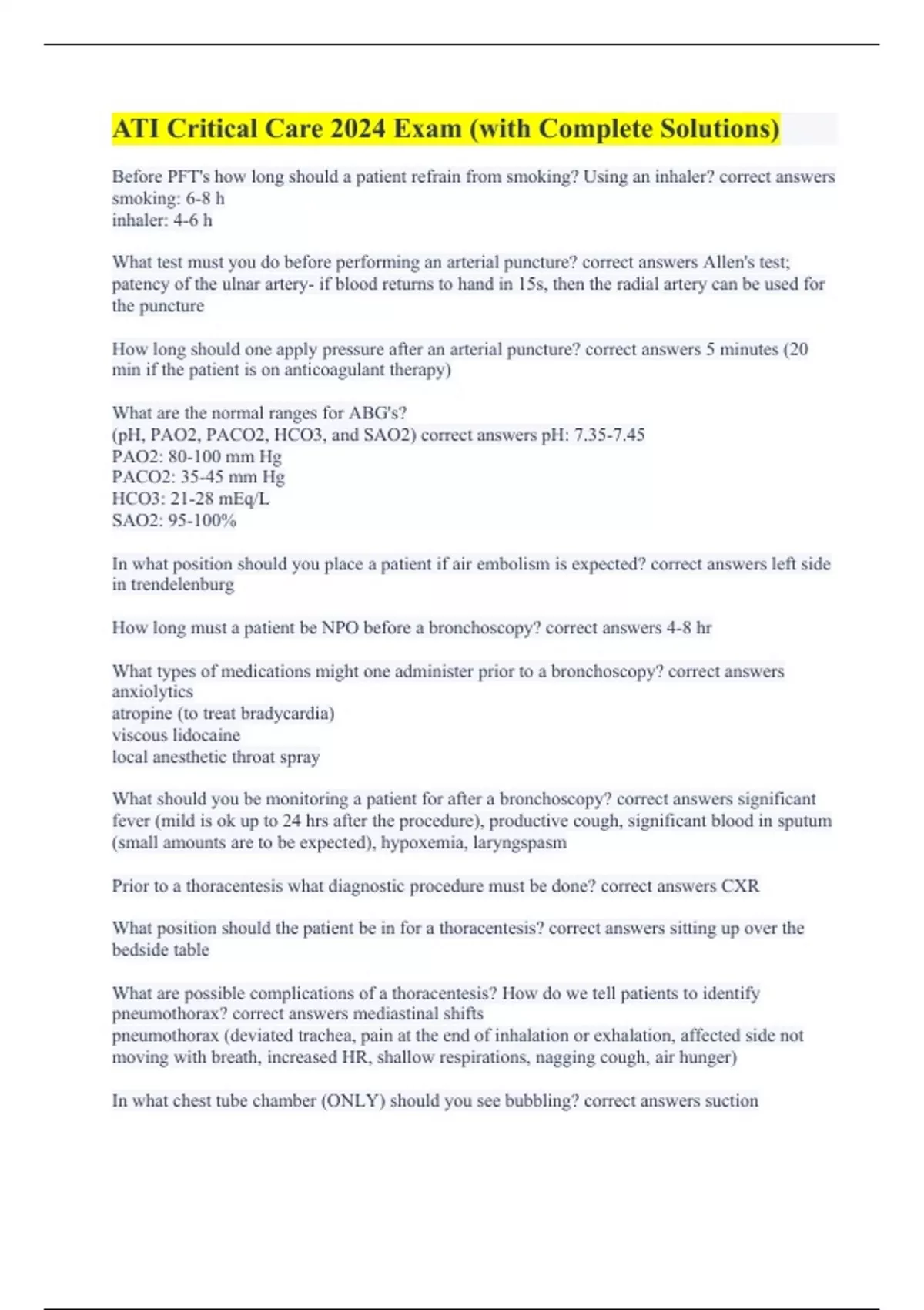 ATI Critical Care 2024 Exam (with Complete Solutions) - ATI Critical ...
