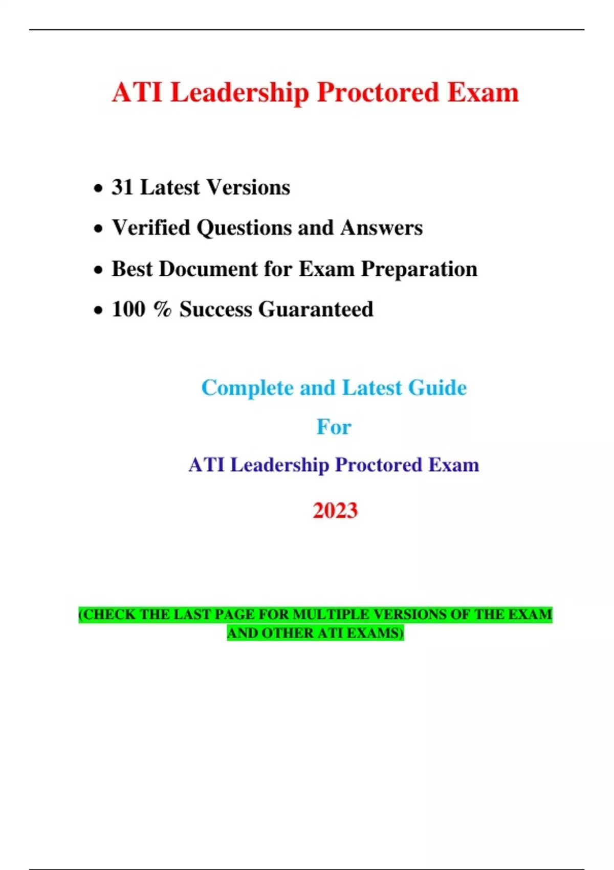 ATI Leadership Proctored Exam 31 Latest Versions Verified Questions and ...