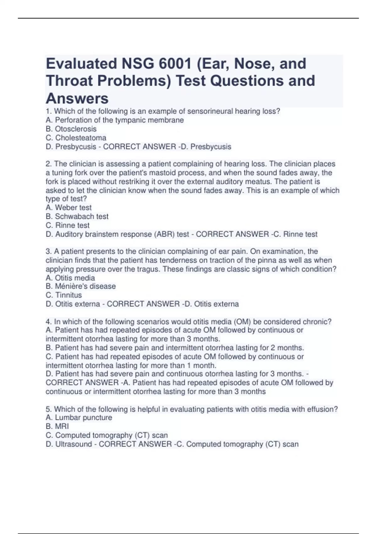 Evaluated NSG 6001 (Ear, Nose, and Throat Problems) Test Questions and ...