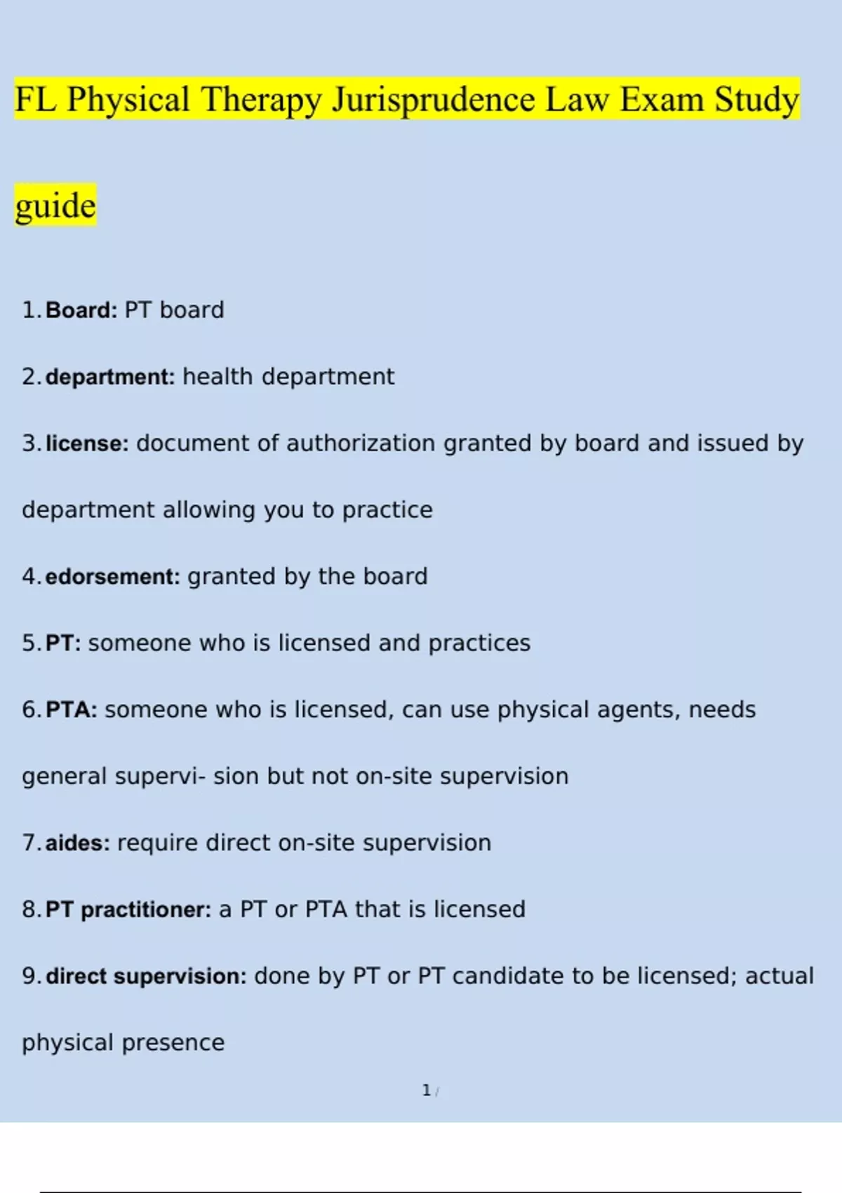 Florida Jurisprudence Law Exam Study guide FL Physical Therapy (2023/ ...