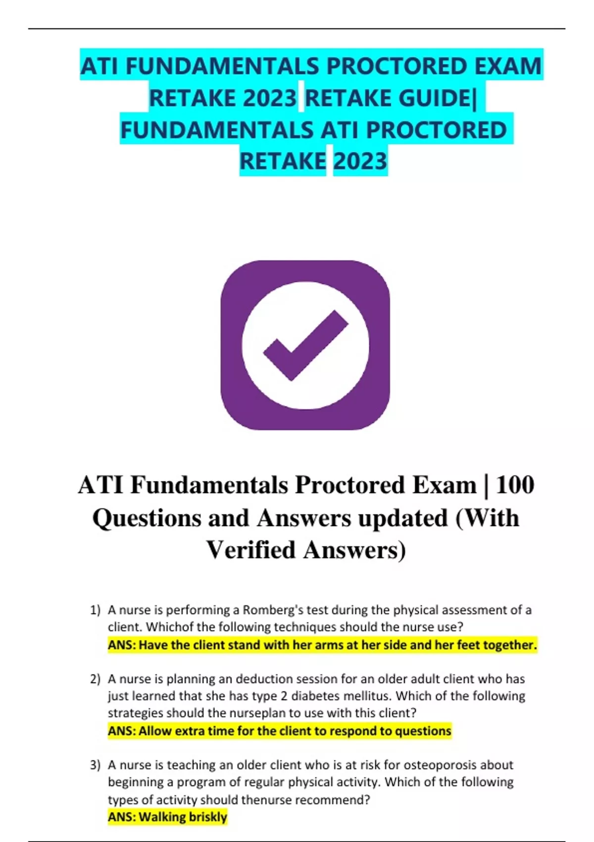ATI FUNDAMENTALS PROCTORED EXAM RETAKE 2023 RETAKE GUIDE| FUNDAMENTALS ATI PROCTORED RETAKE 2023 ...