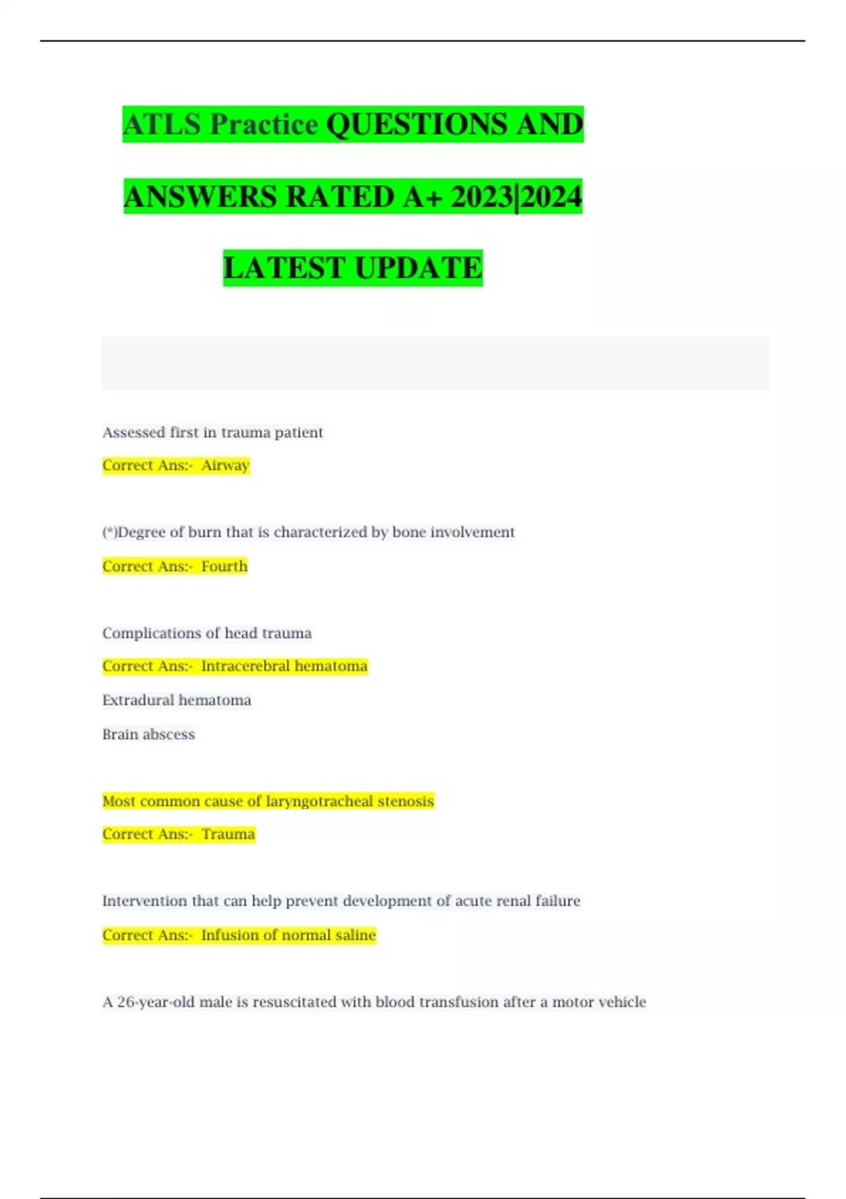 ATLS Practice QUESTIONS AND ANSWERS RATED A+ 2023|2024 LATEST UPDATE ...