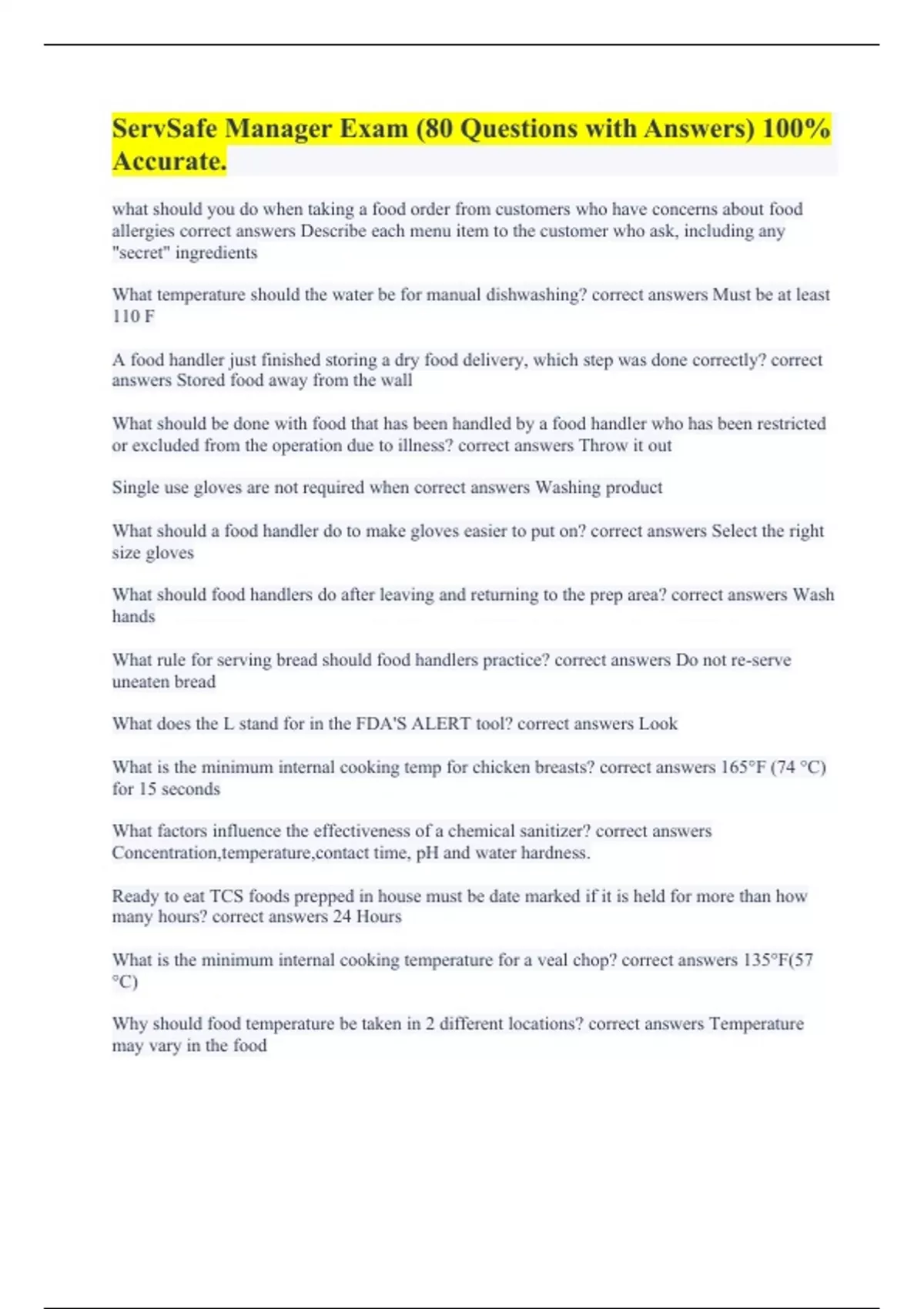 Servsafe Manager Exam 80 Questions With Answers 100 Accurate Servsafe Manager Stuvia Us